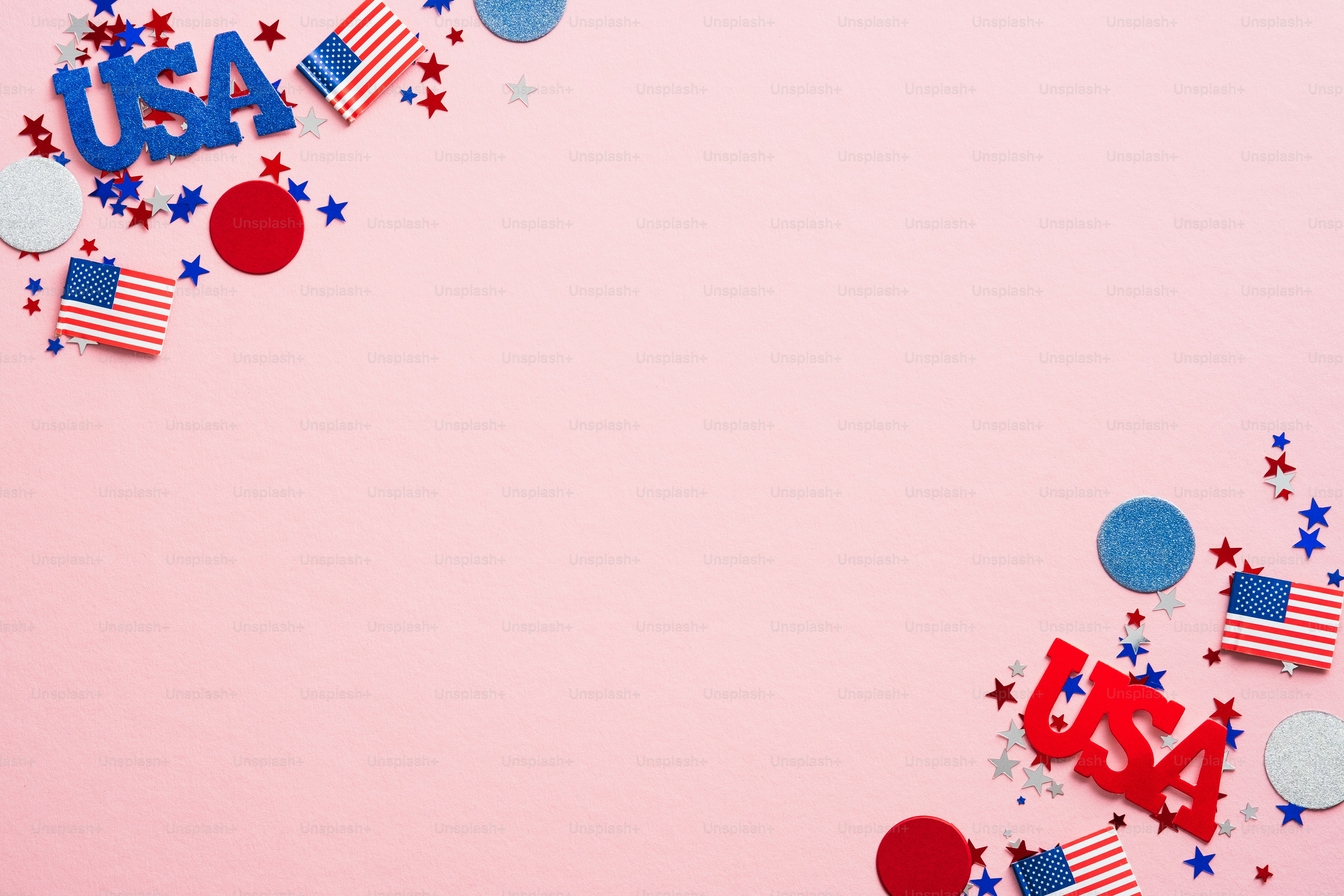 Happy Presidents Day concept. American flags and confetti stars on pink ...