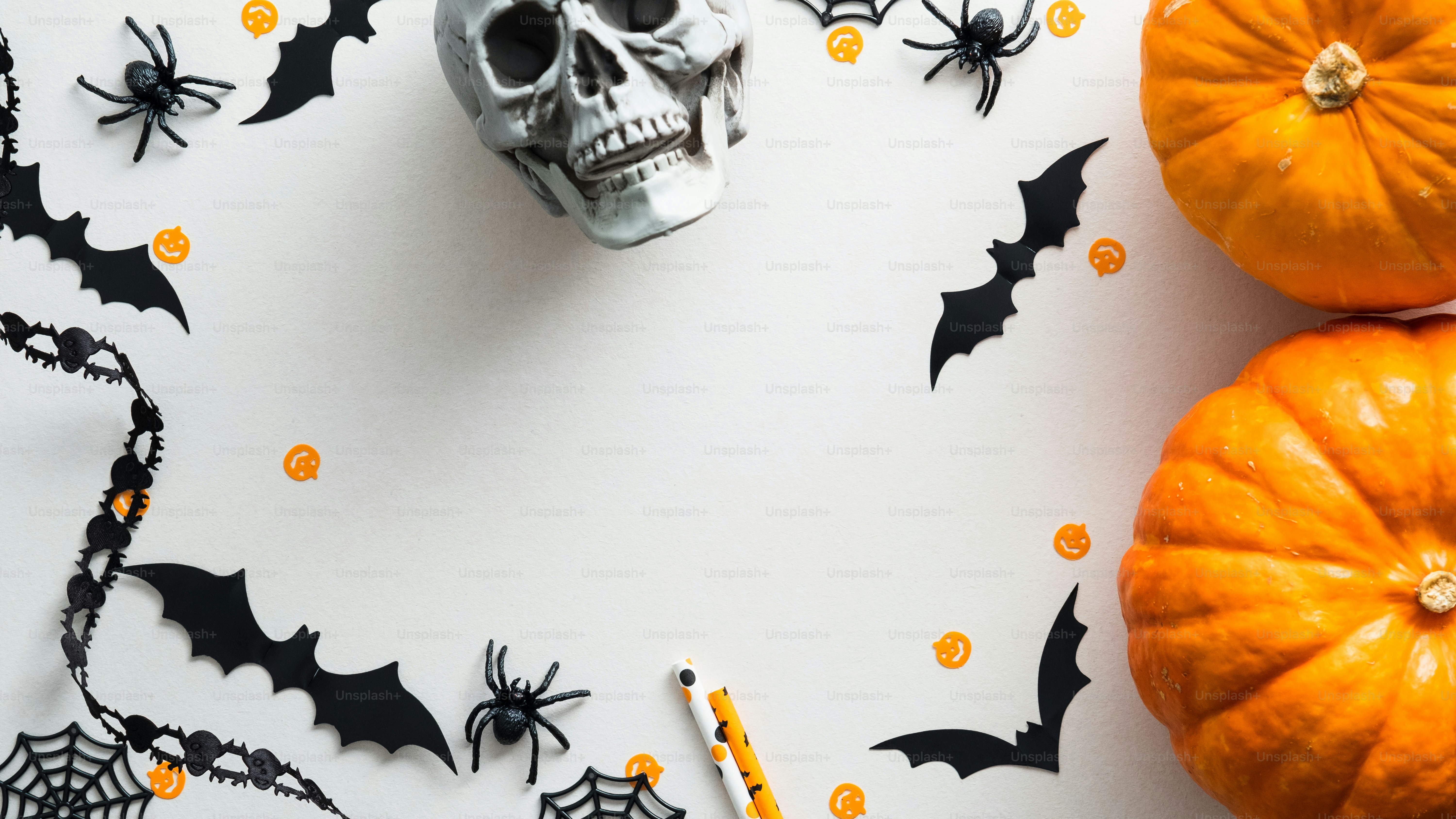 Happy Halloween holiday concept. Halloween decorations, bats, spiders ...