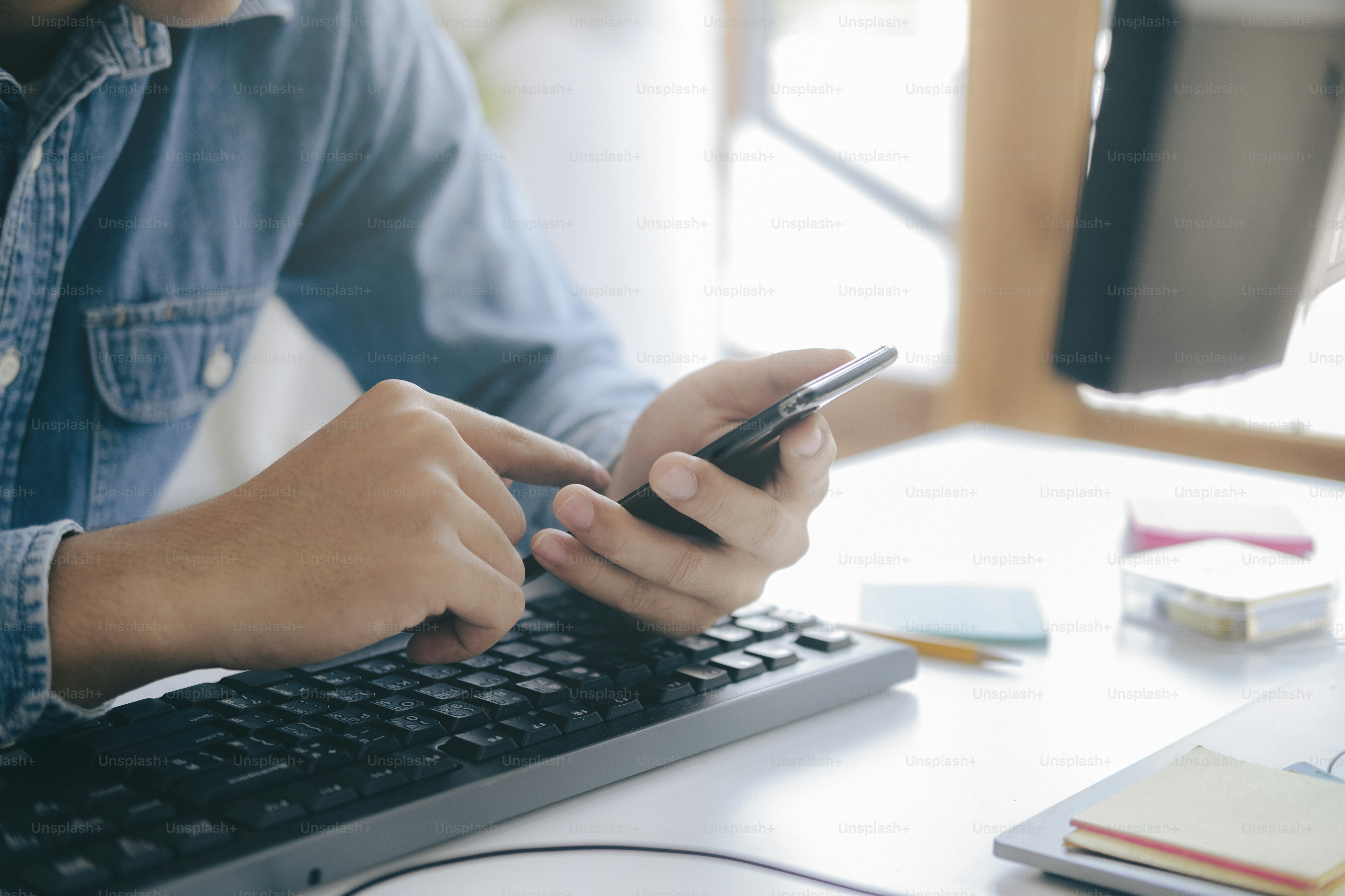 Young man using mobile phone. Using online connect technology for ...