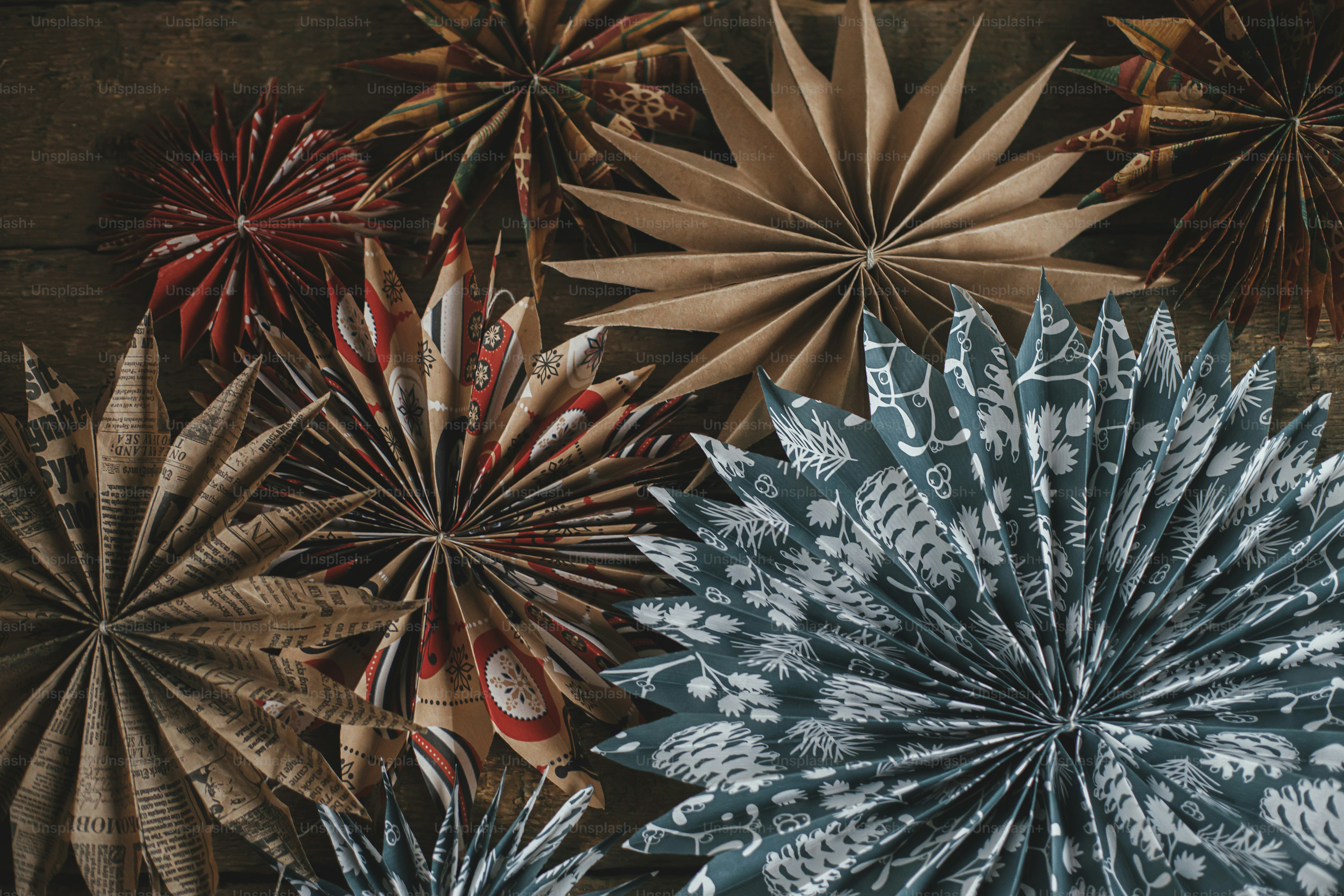 Stylish Christmas stars top view on rustic background. Beautiful sweden ...