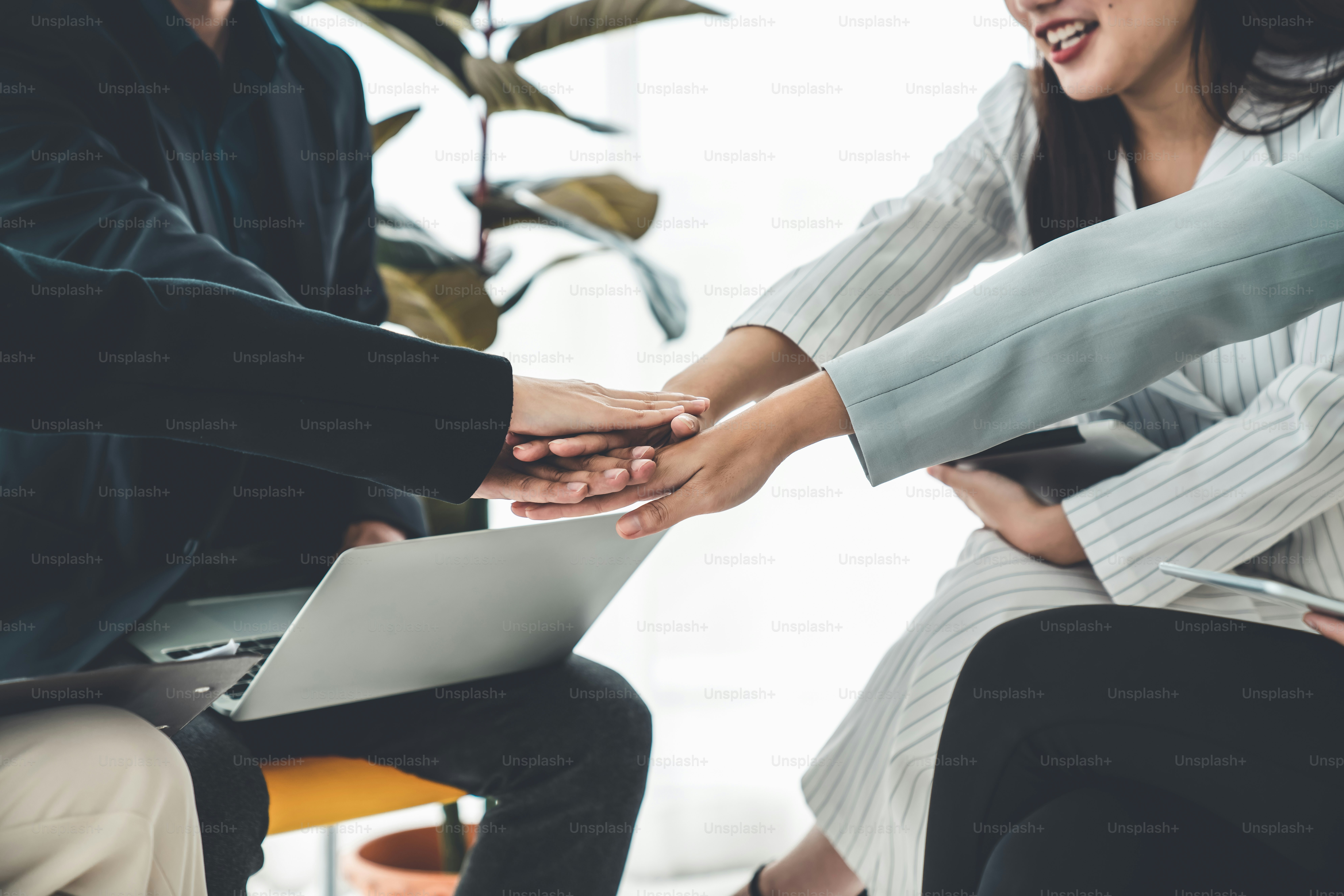 Teamwork Success. Business people group team happy showing teamwork and ...