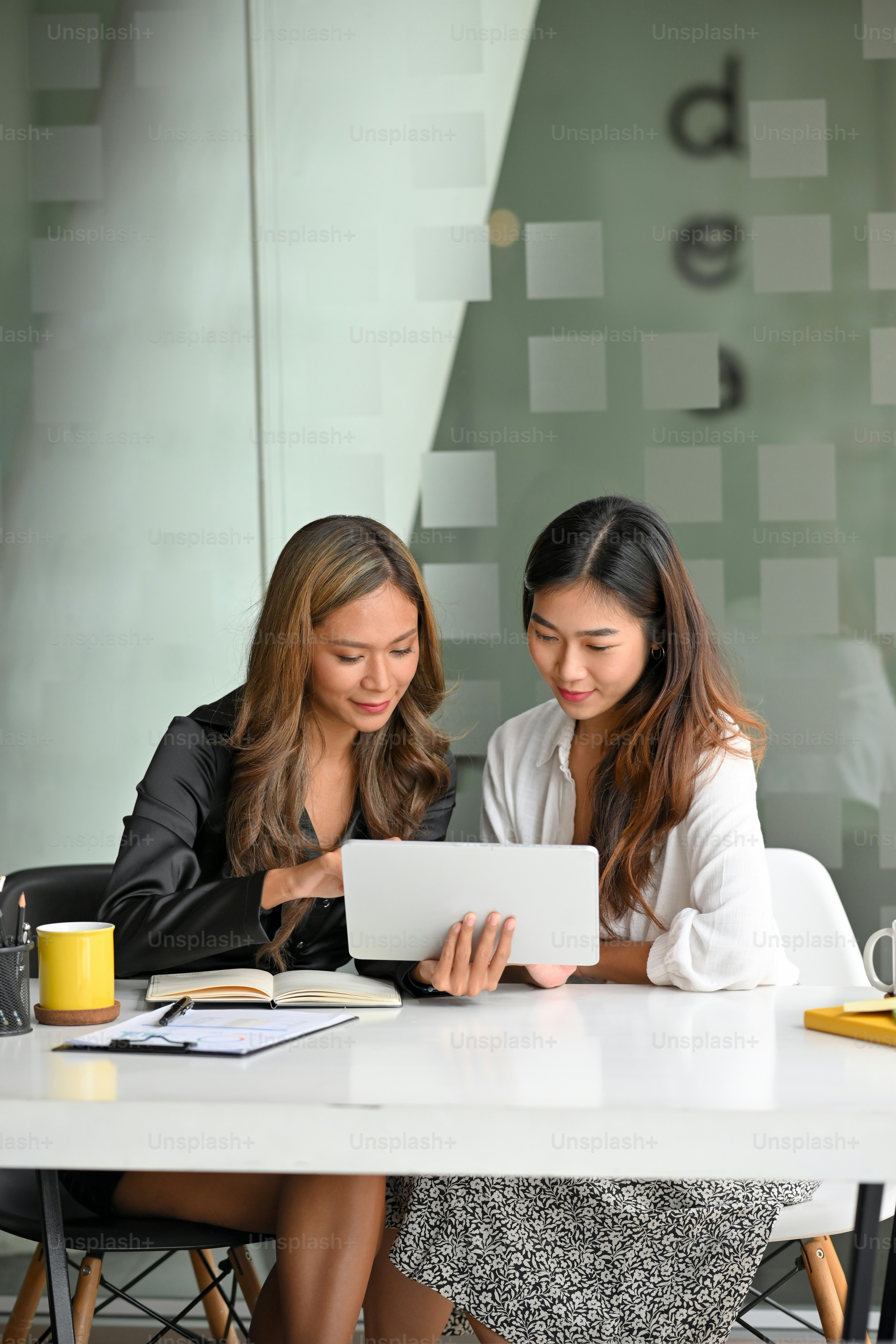 Two female business startup entrepreneur discussing and planning their ...