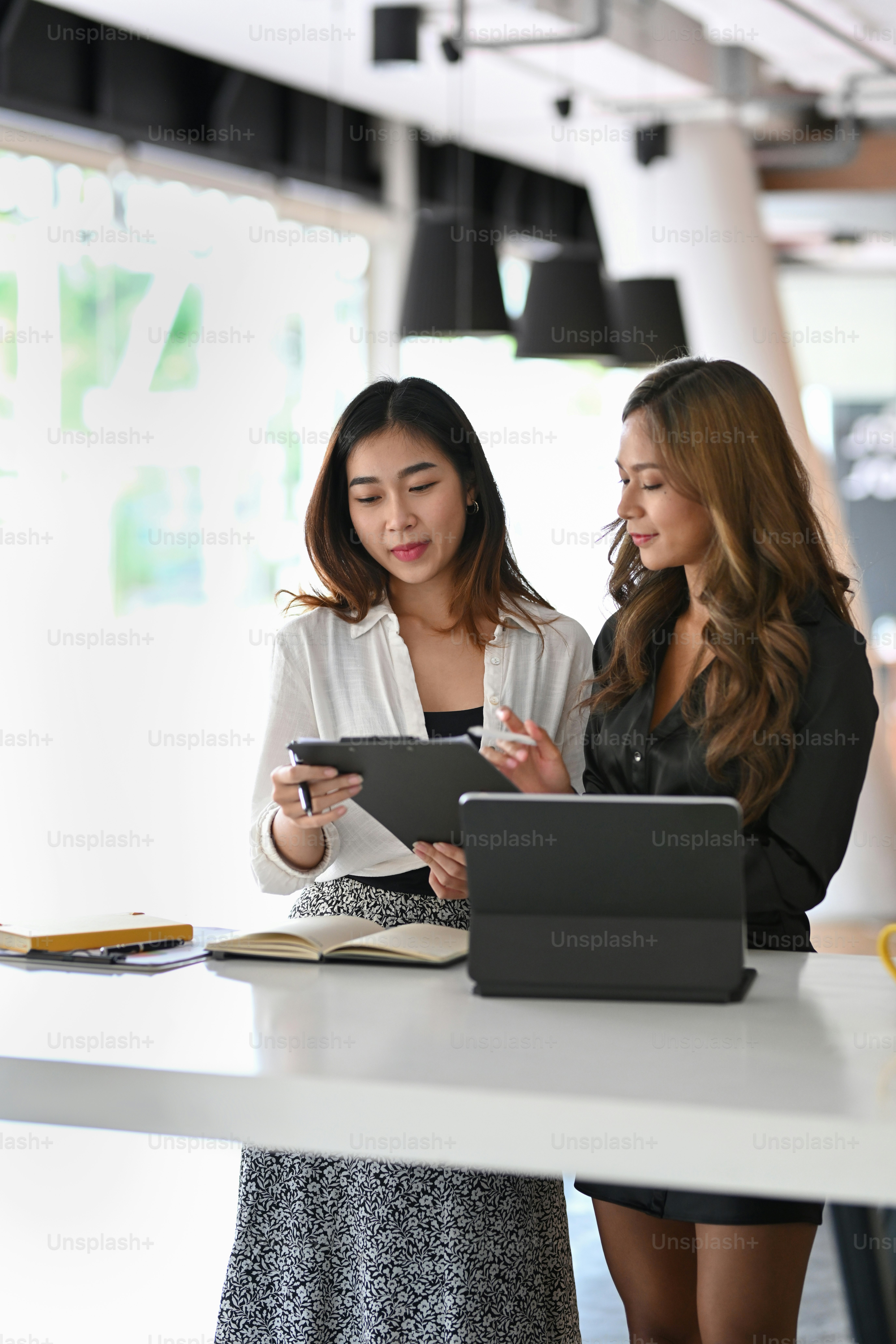 Two confident business women standing and working together in office ...