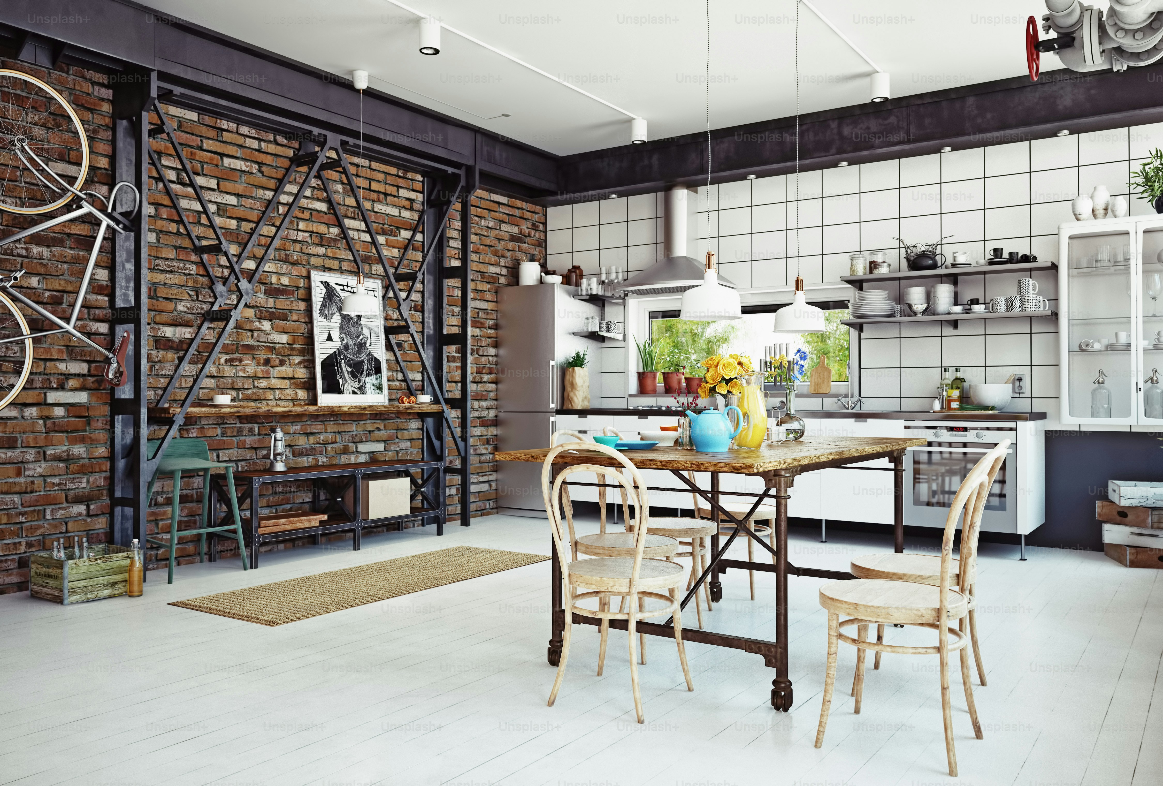Interior de cocina tipo loft moderno. Concepto de renderizado 3D foto ...