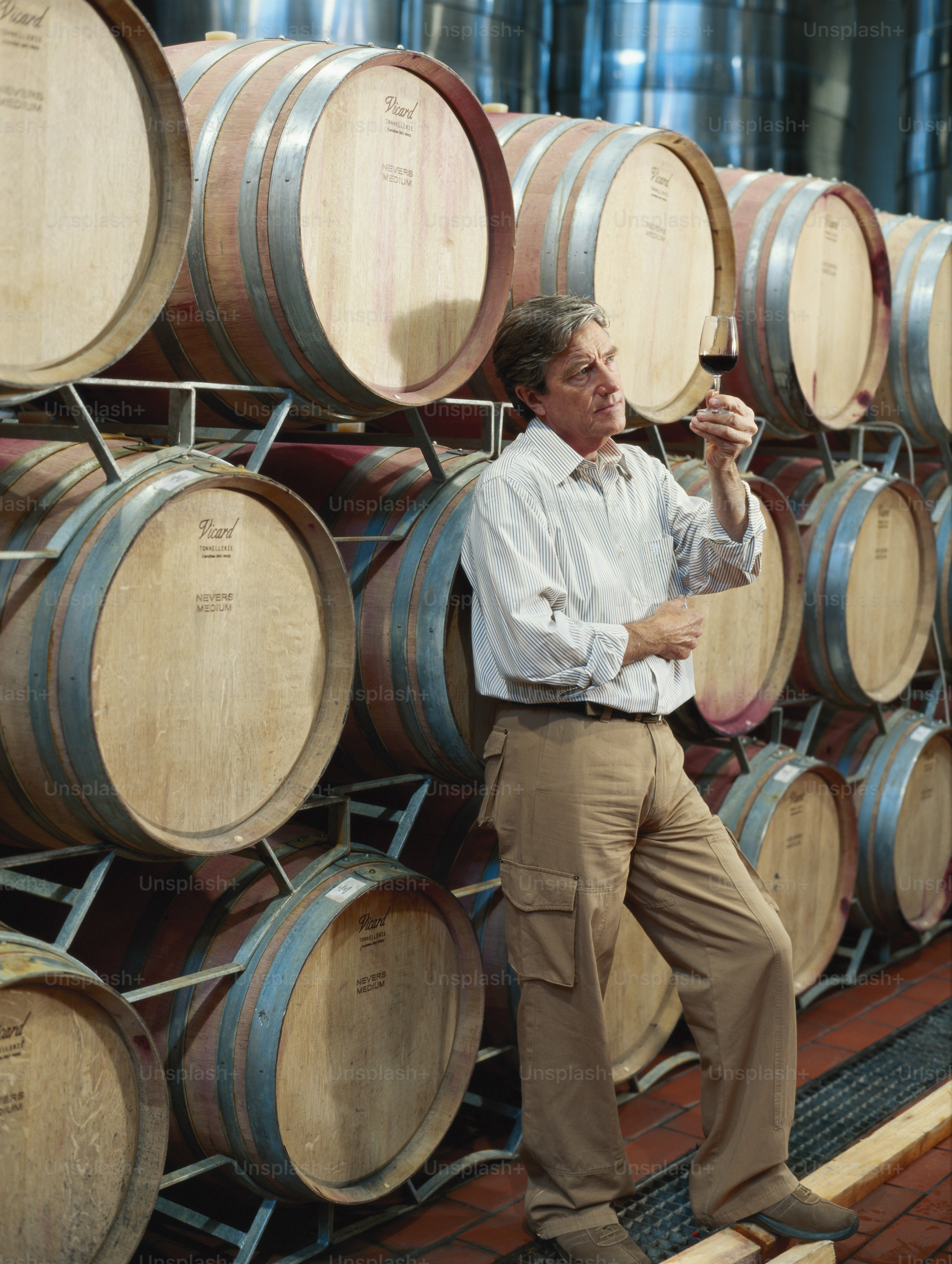 A man standing next to a bunch of wine barrels photo – Cellar Image on ...