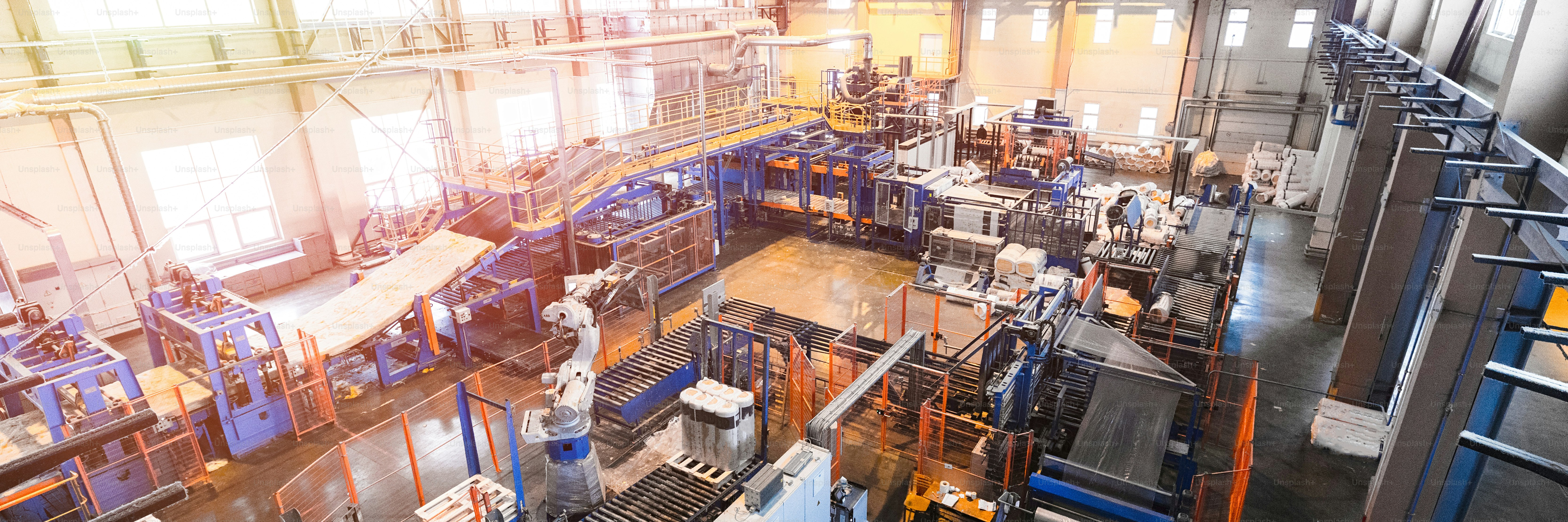 Factory workshop interior and machines on glass production background ...