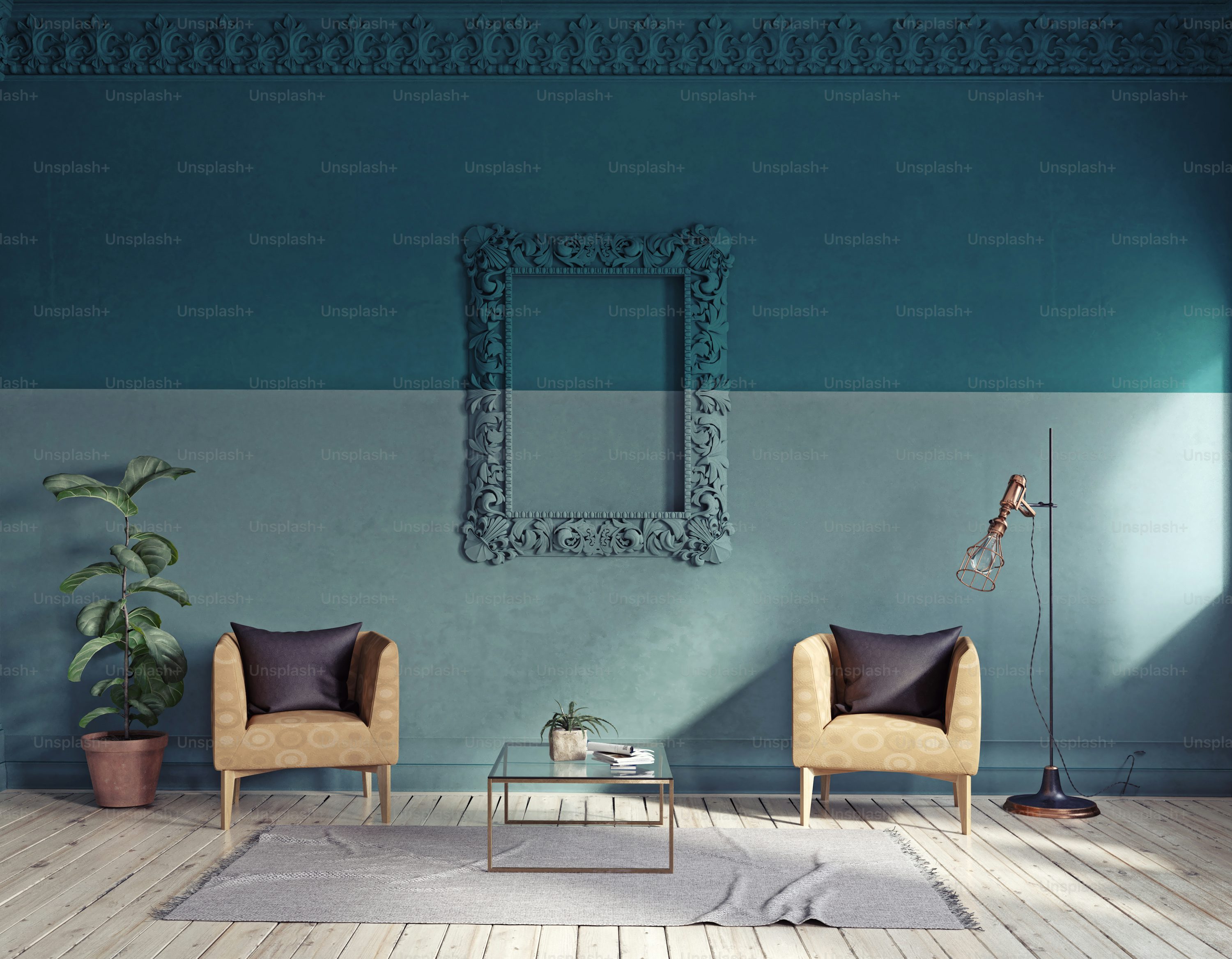 Modern living room interior. 3d rendering color blocking concept photo ... Modern living room interior. 3d rendering color blocking concept photo ...
