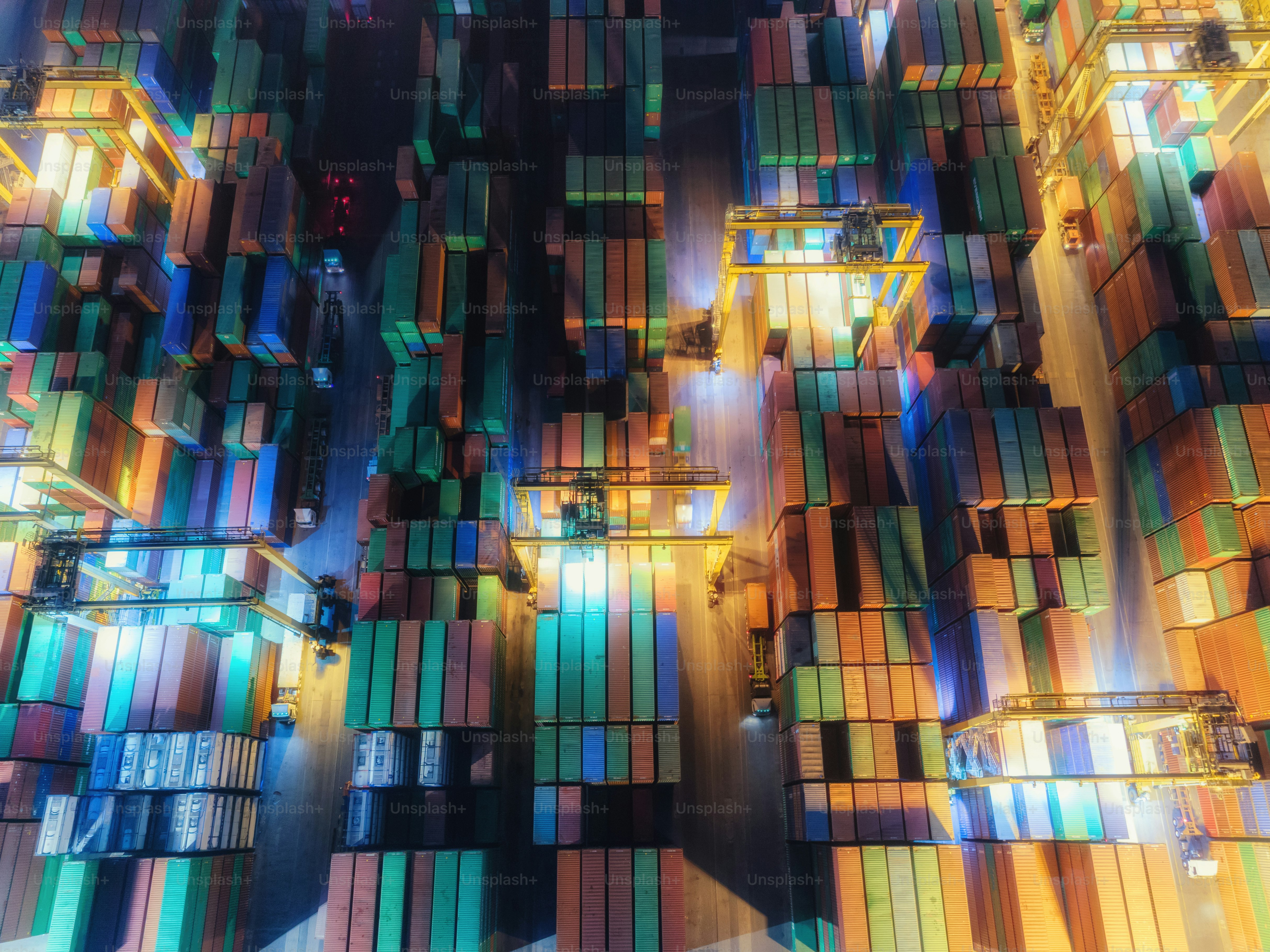 Aerial top view container ship at sea port and working crane bridge ...