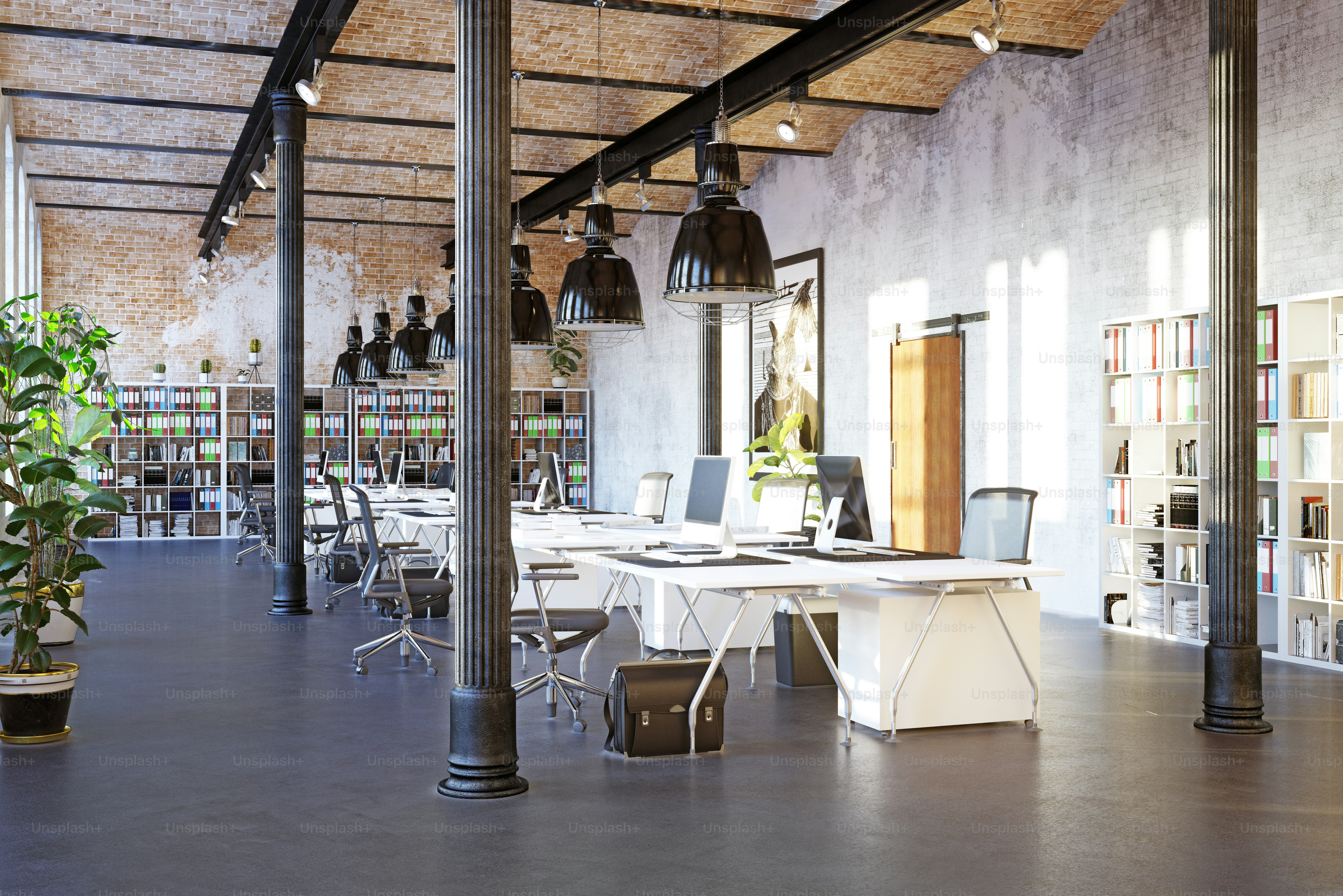 Modern loft area office interior. 3d rendering design concept photo ...