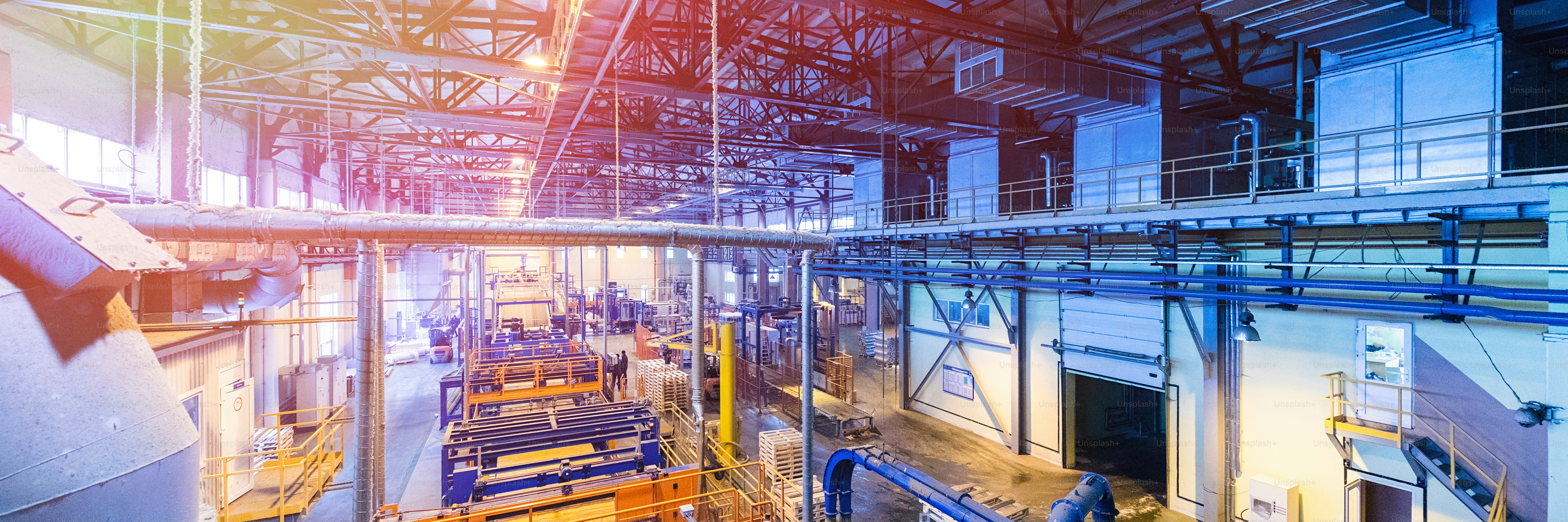 Factory workshop interior and machines on glass production background ...