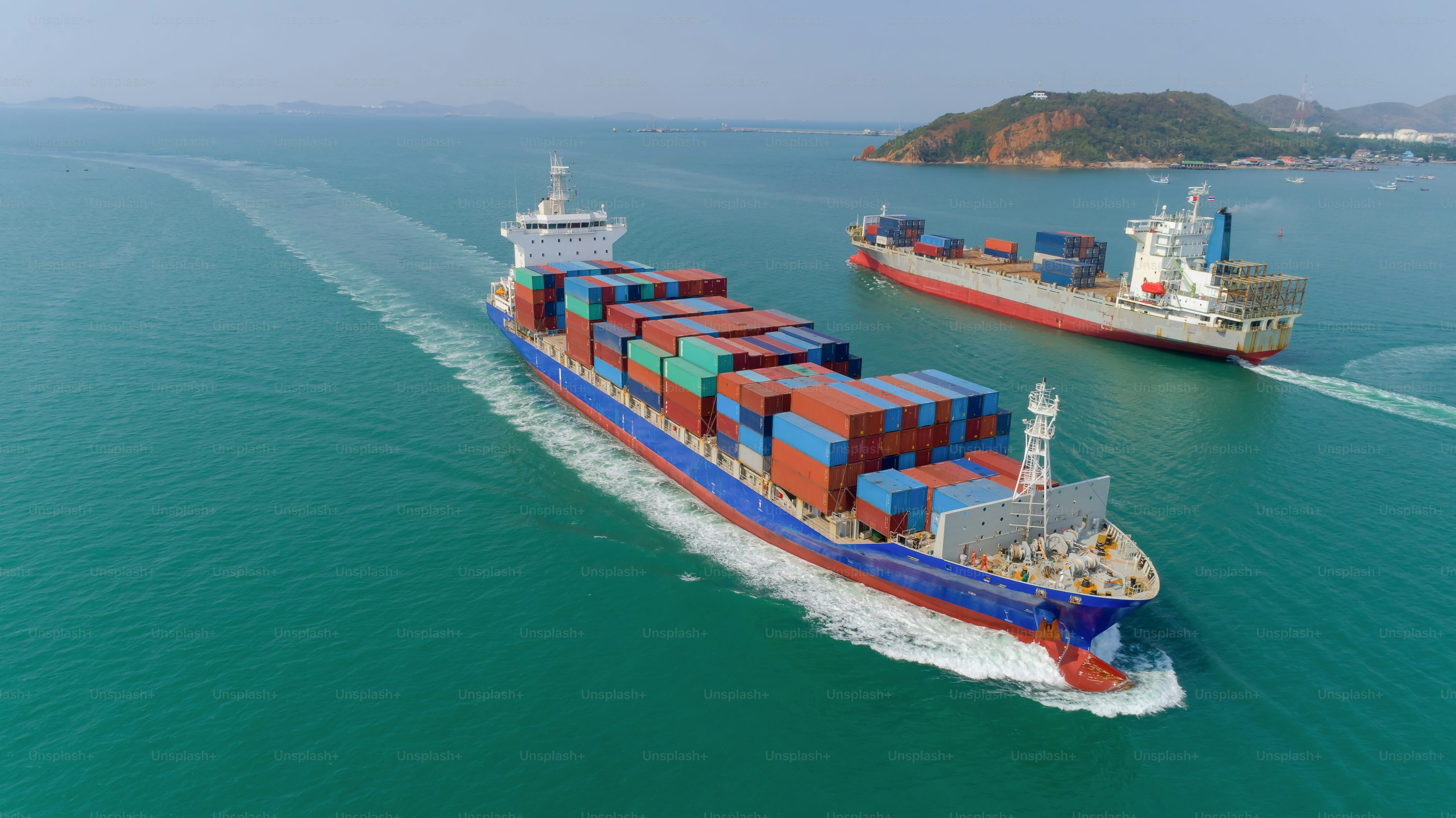 Aerial view container ship going to sea port for unload container ... Aerial view container ship going to sea port for unload container ...