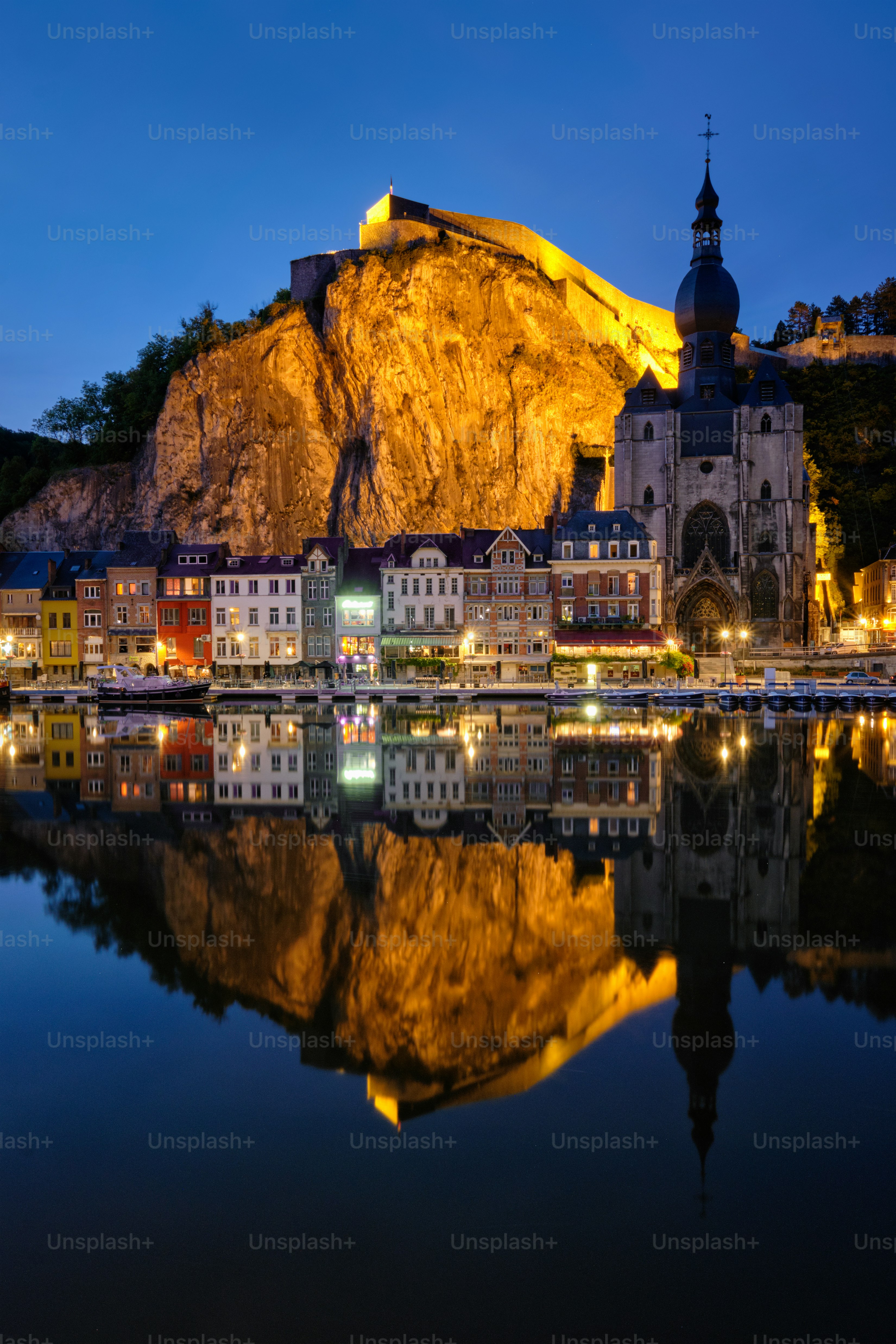 Night view of Dinant town, Collegiate Church of Notre Dame de Dinant ...