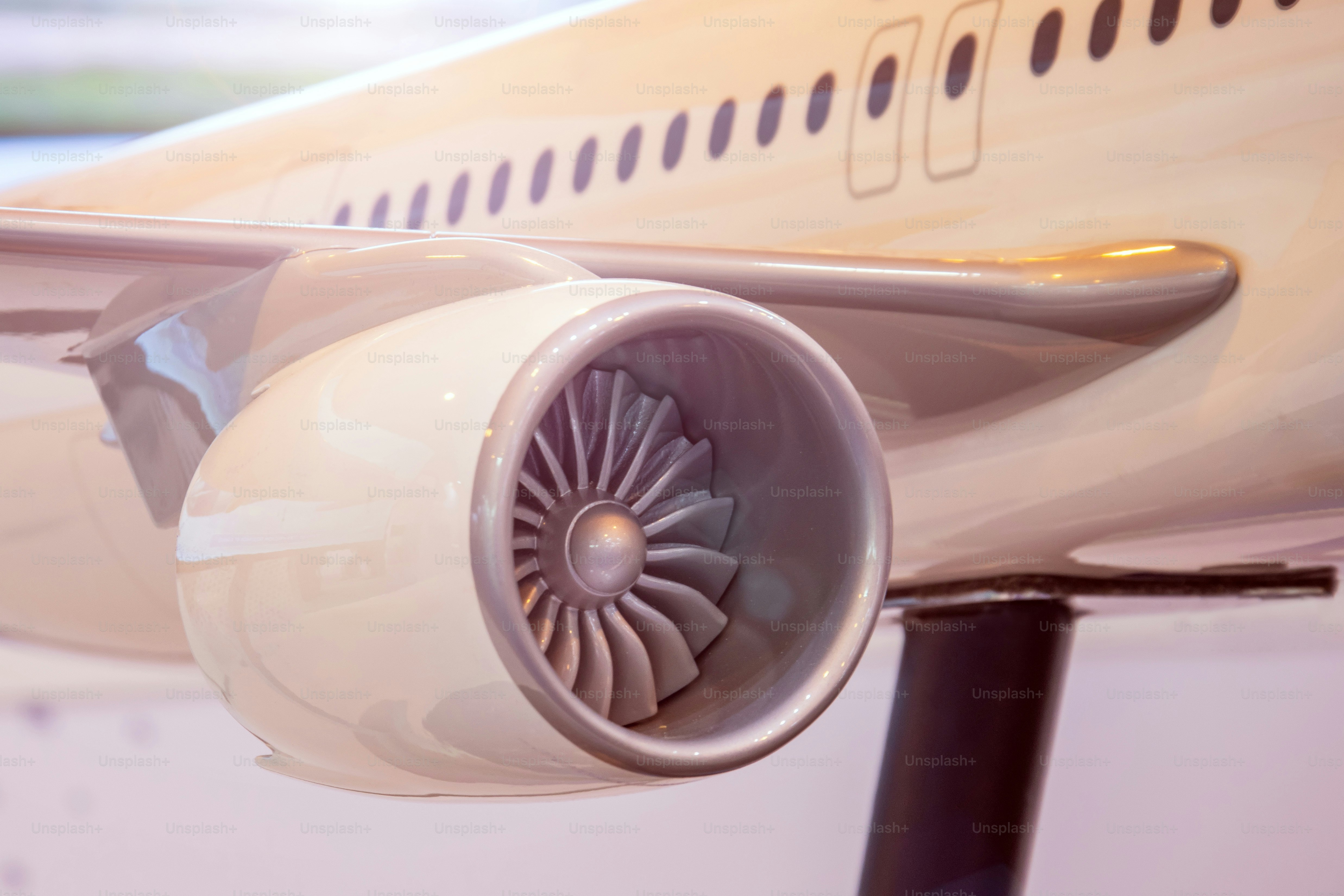 Turbo jet engine of airplane, close up in the light sparkle reflection ...