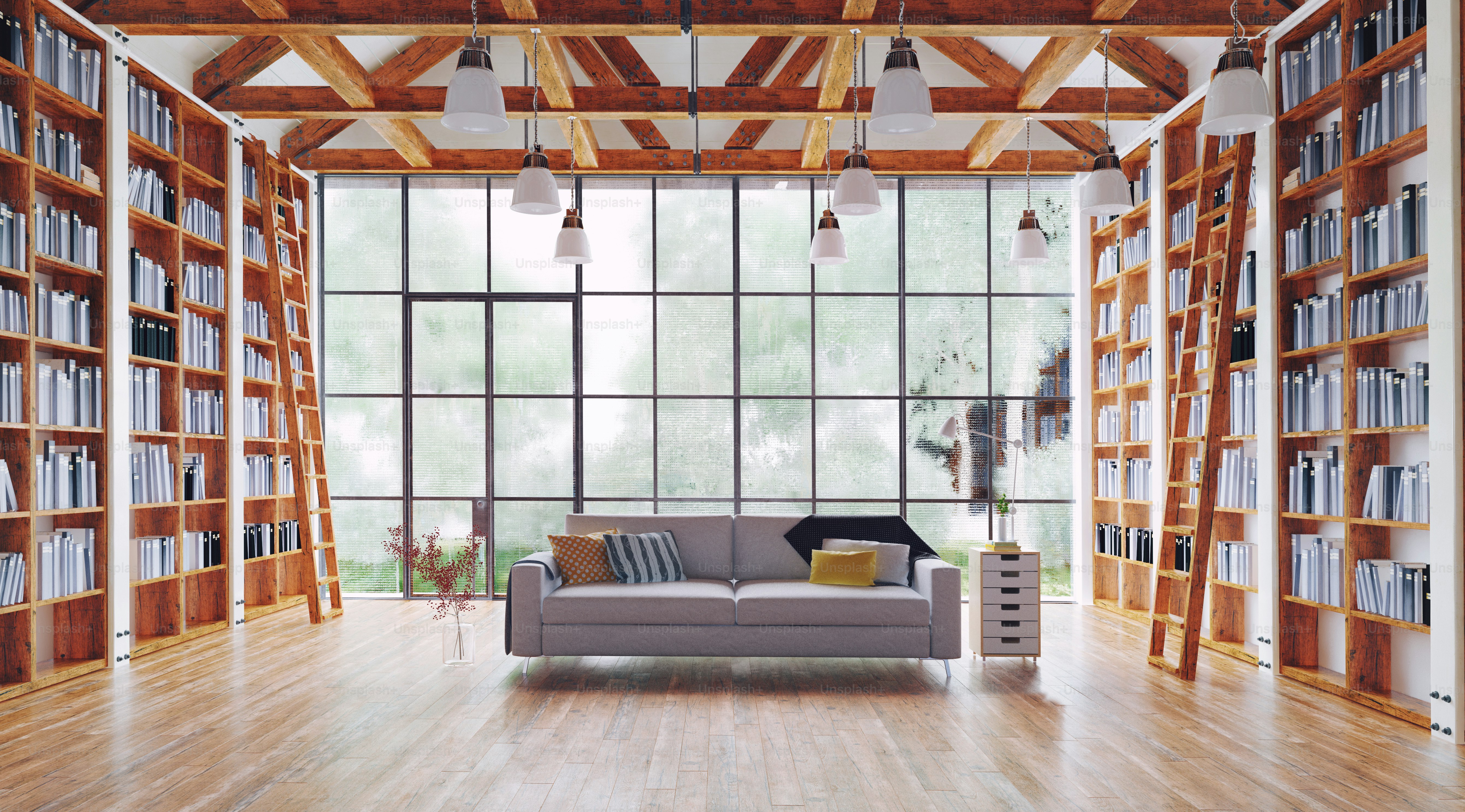 The living room with great library. 3d render interior photo ...