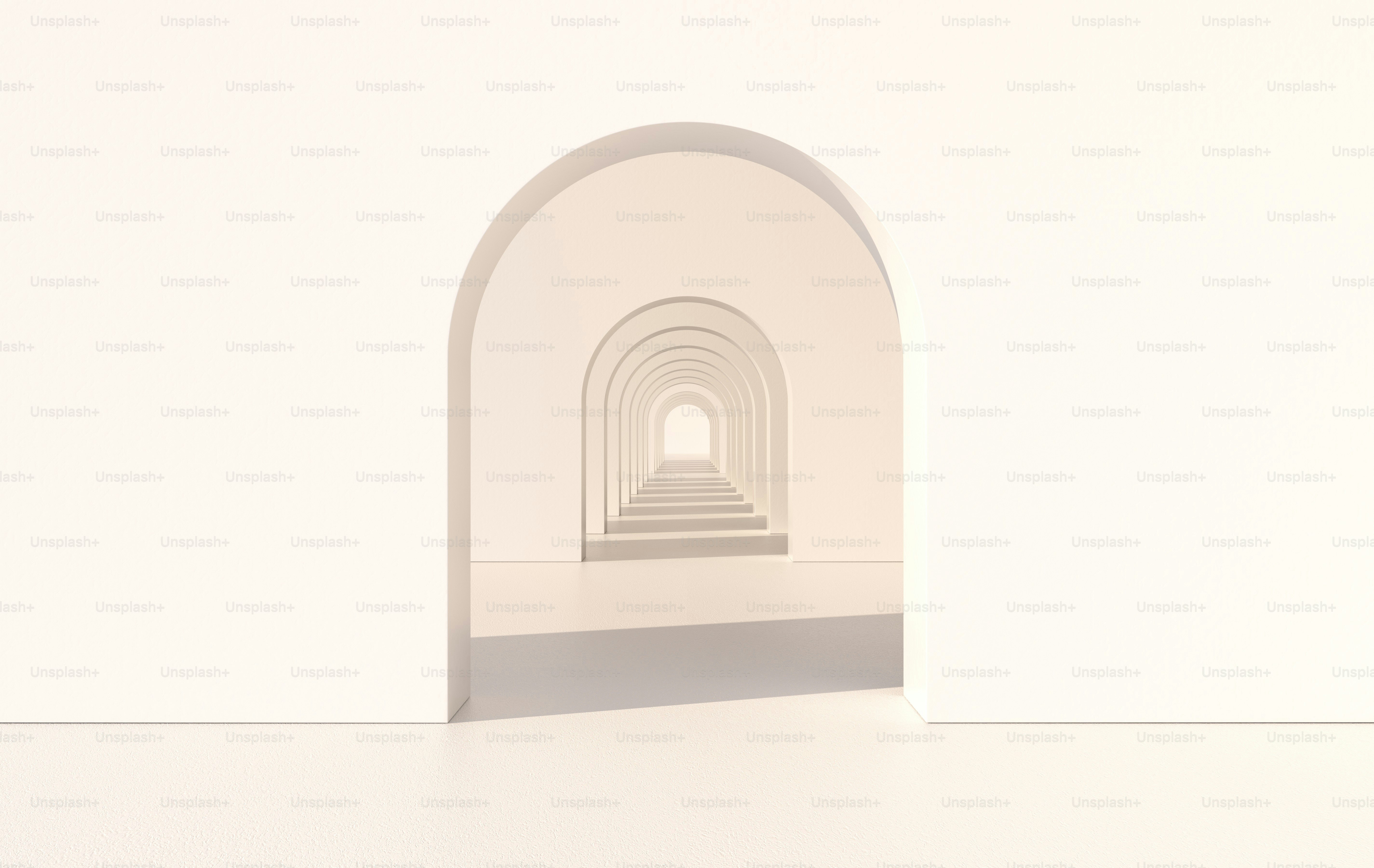 3d rendering. Arch hallway simple geometric background, architectural ...