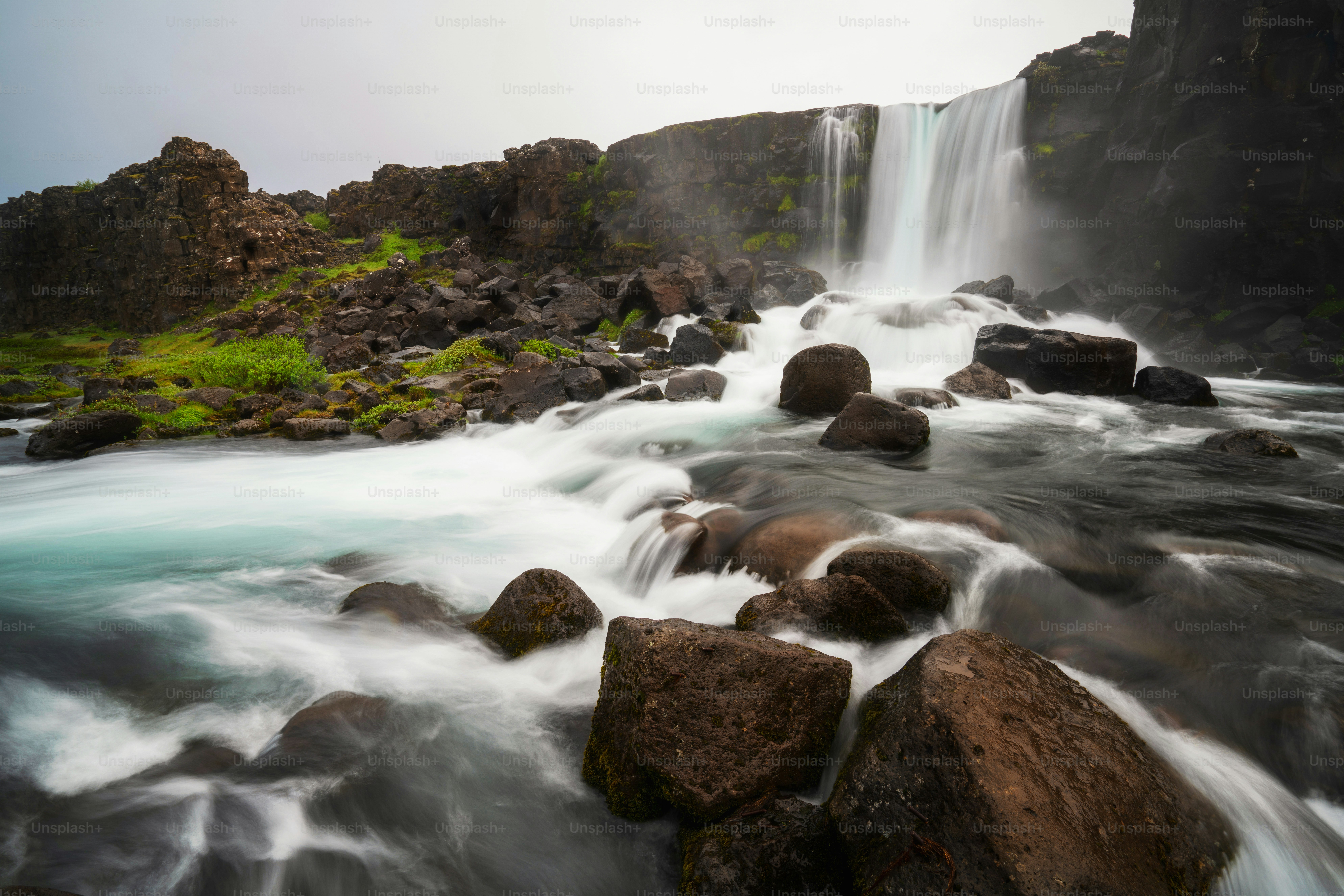Landscape of Oxararfoss waterfall in Thingvellir National Park, Iceland ...