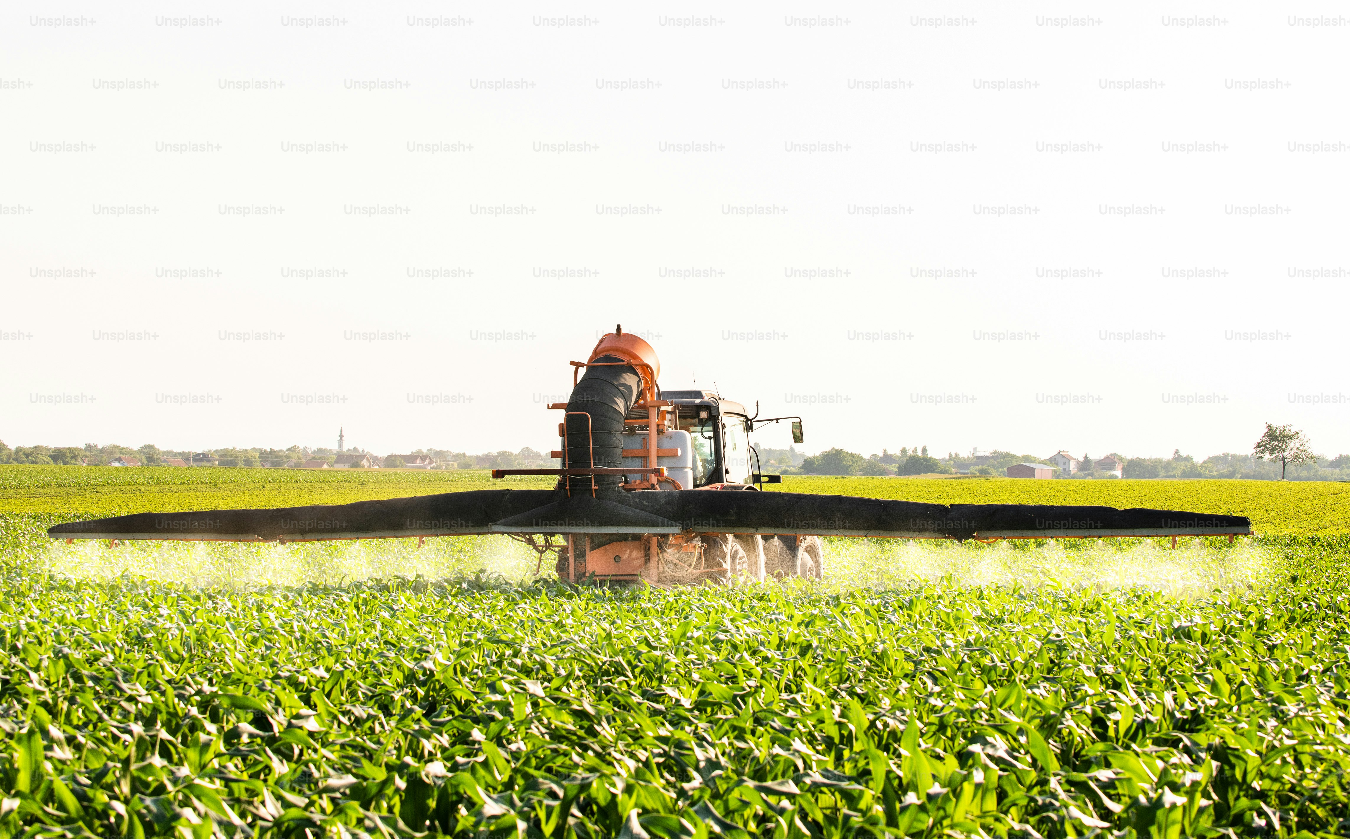Tractor spraying pesticides on soybean field with sprayer at spring ...