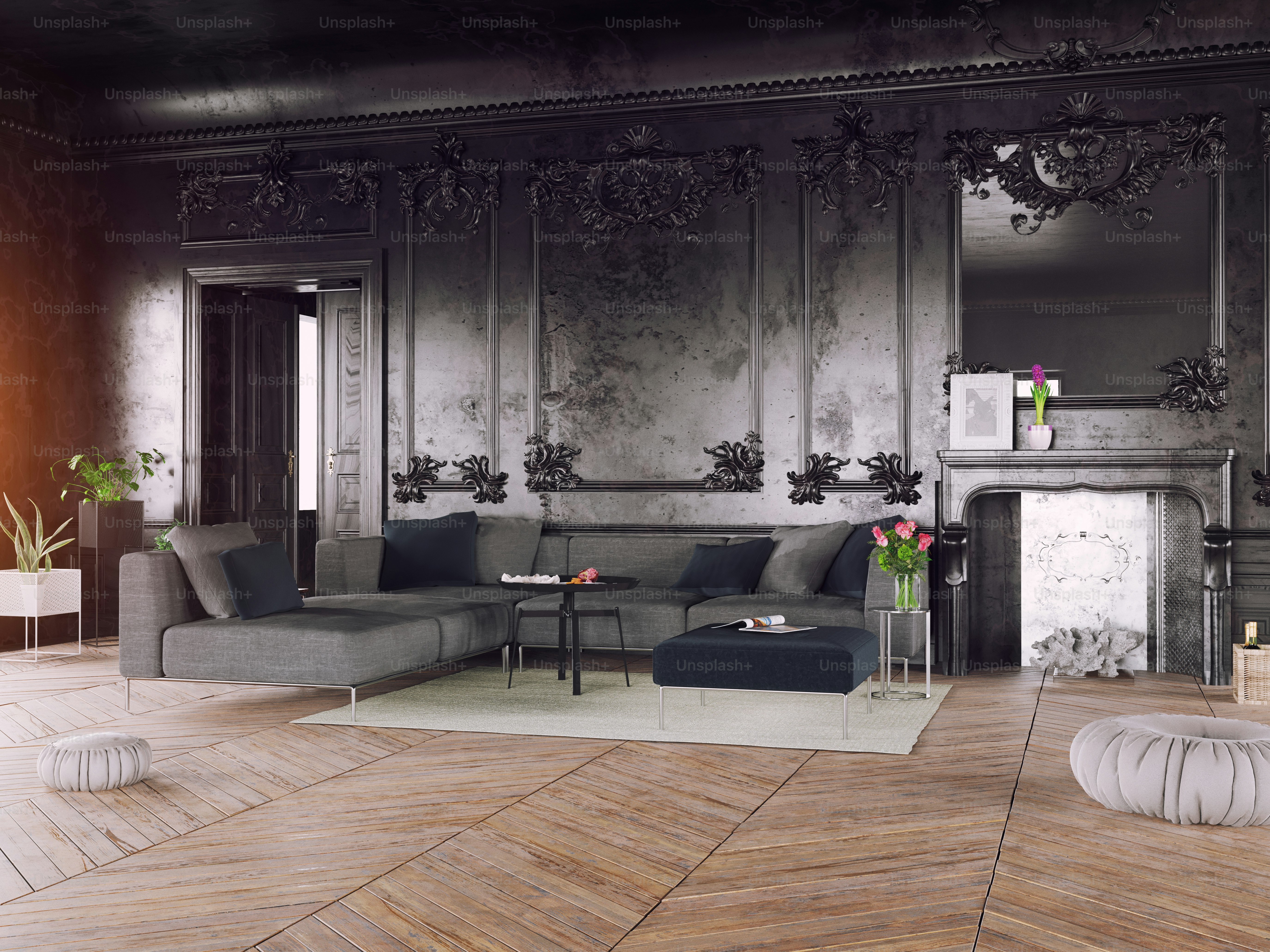 Black style luxury interior. 3d rendering concept photo – Dark living ...
