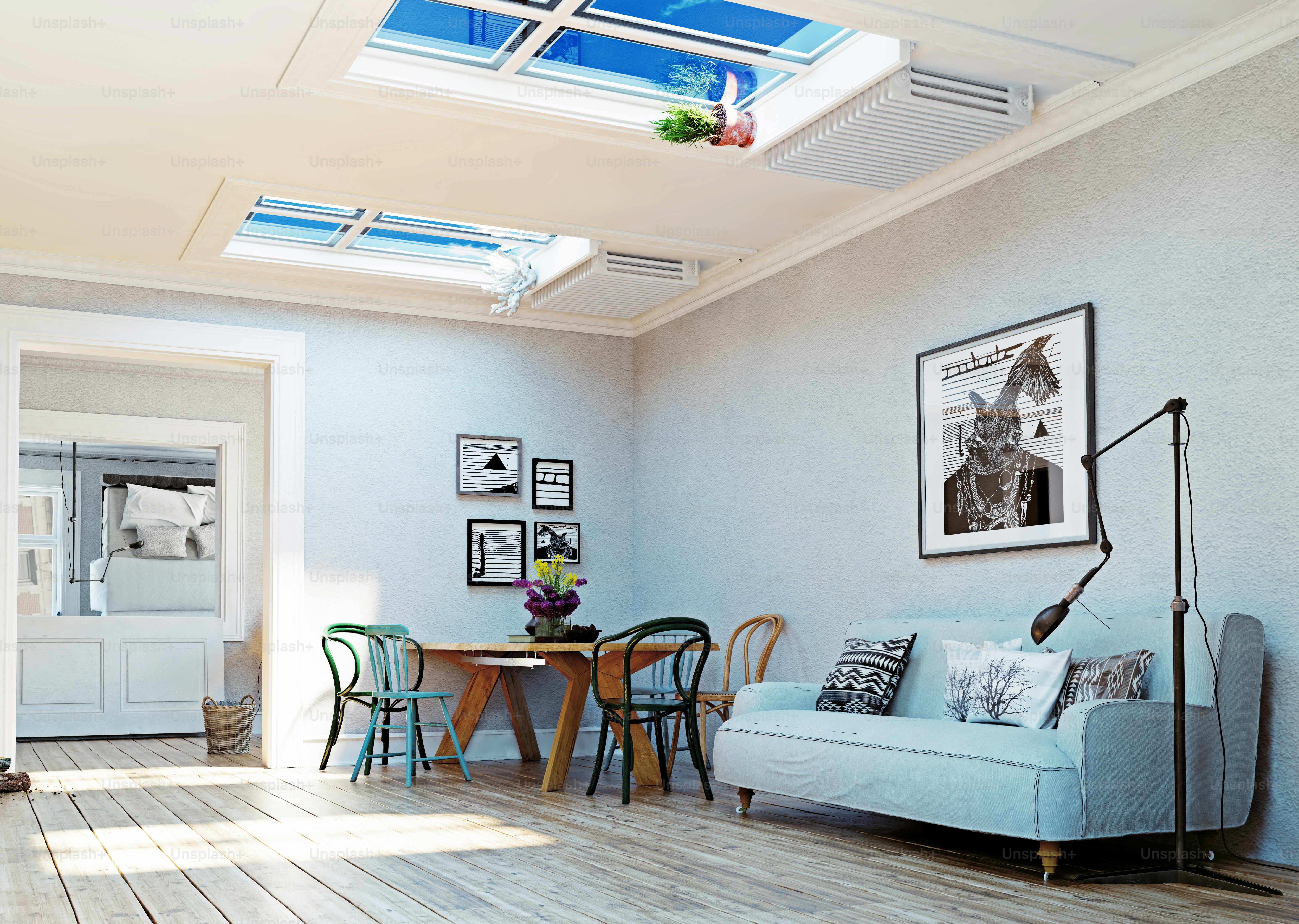 Strange, upside down room interior. 3D illustration creative concept ...