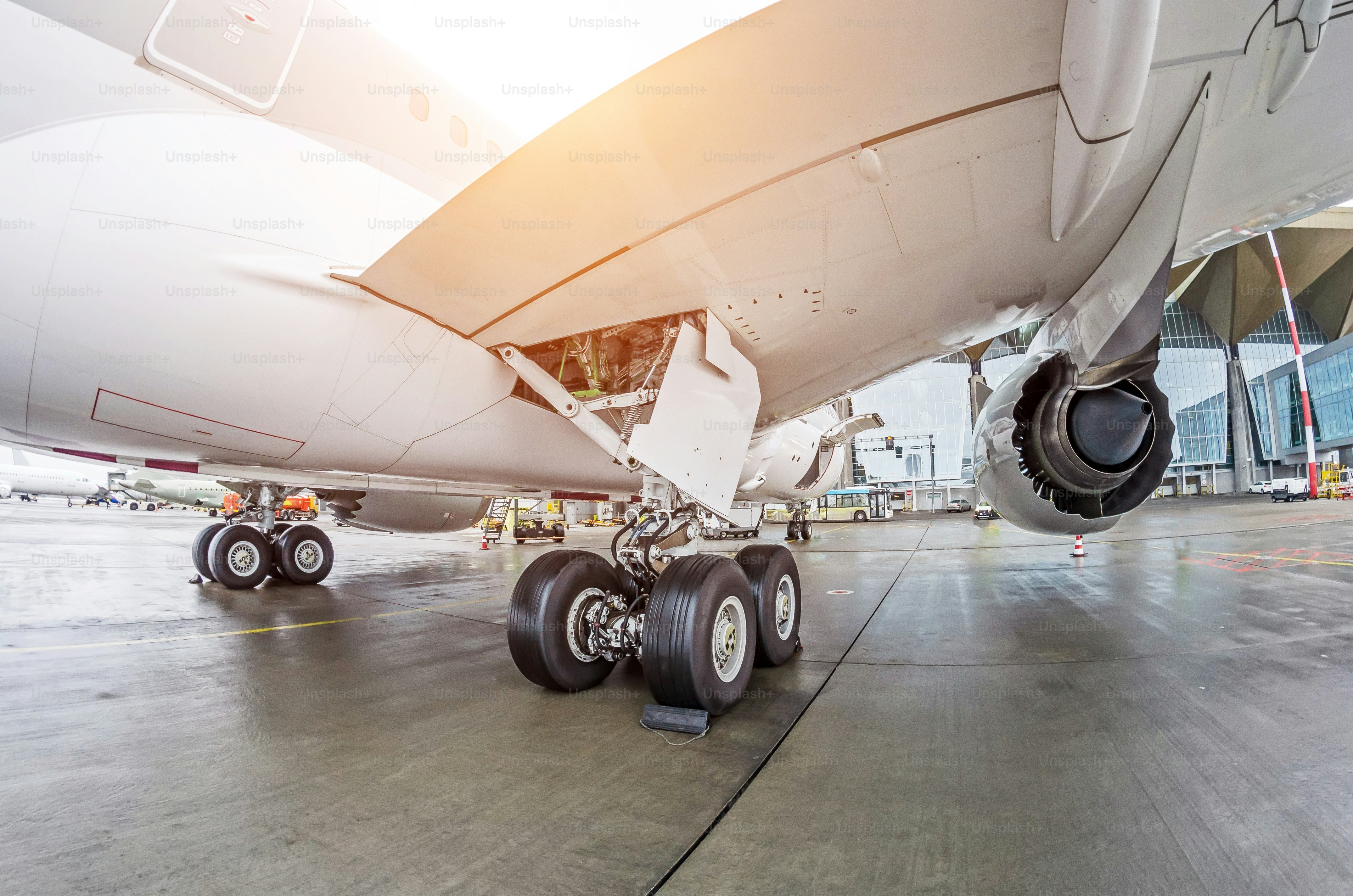 Wheels rubber tire rear landing gear racks, under wing engine rear back ...