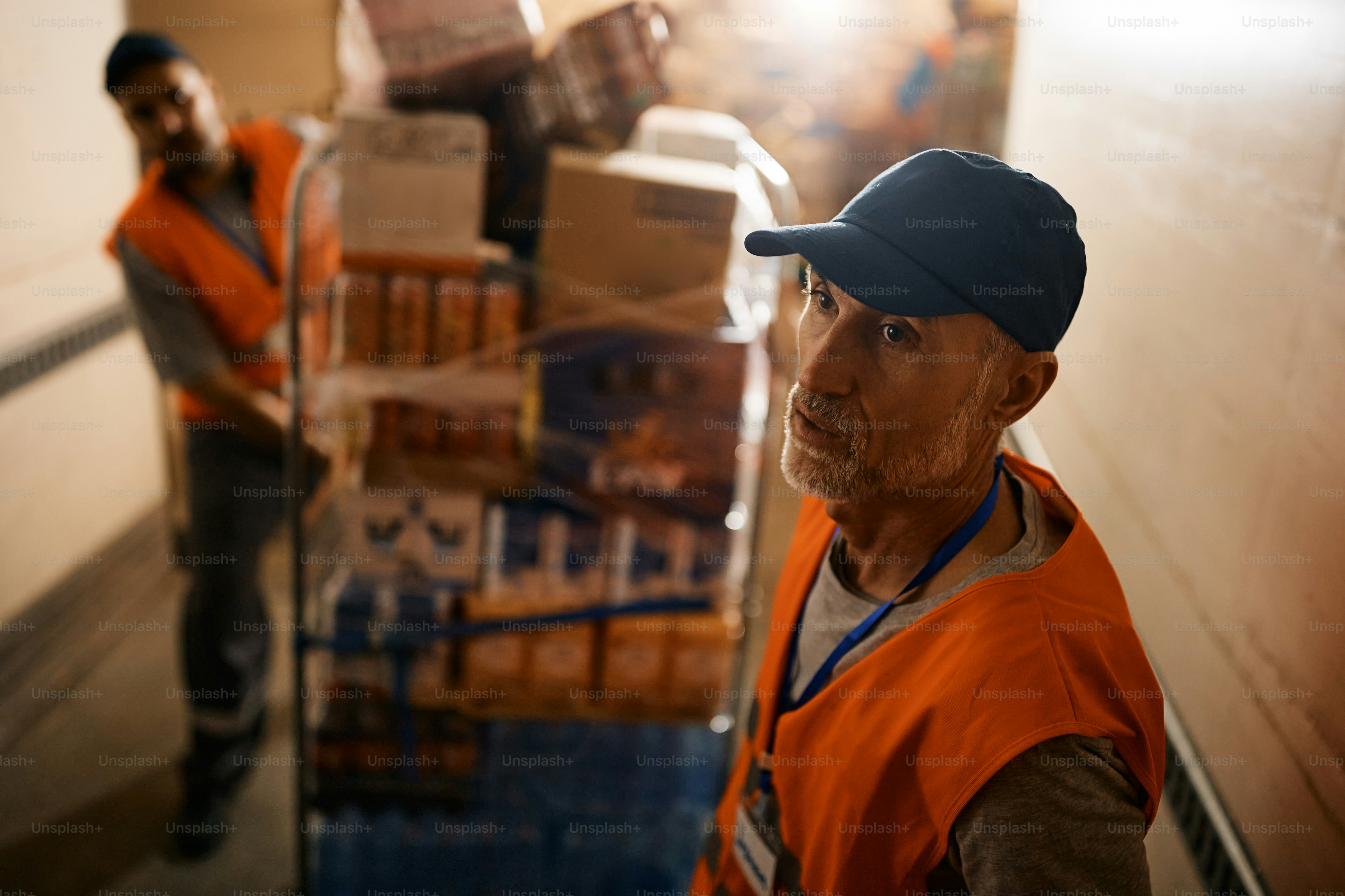 Distribution warehouse workers moving rack with merchandise while ...