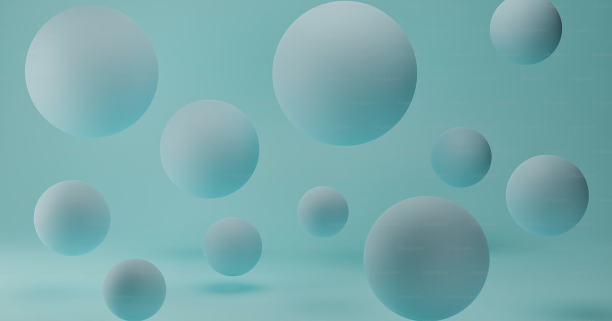 파스텔 배경에 파란색 구체 거품 3d 렌더링 날아다니는 공이 있는 현실적인 3d 그림 추상적 인 배경 사진