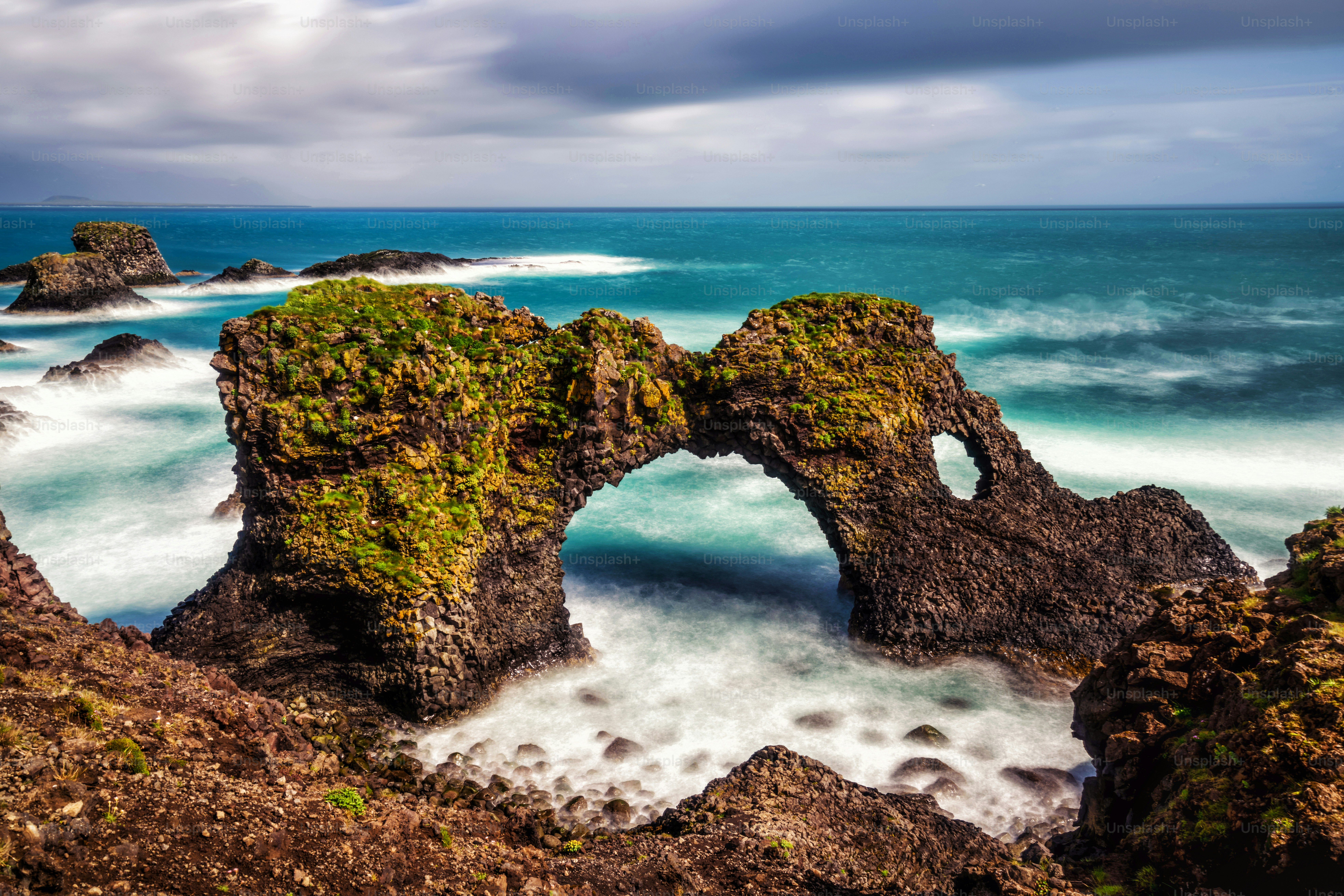 Amazing stone arch Gatklettur basalt rock on Atlantic coast of ...