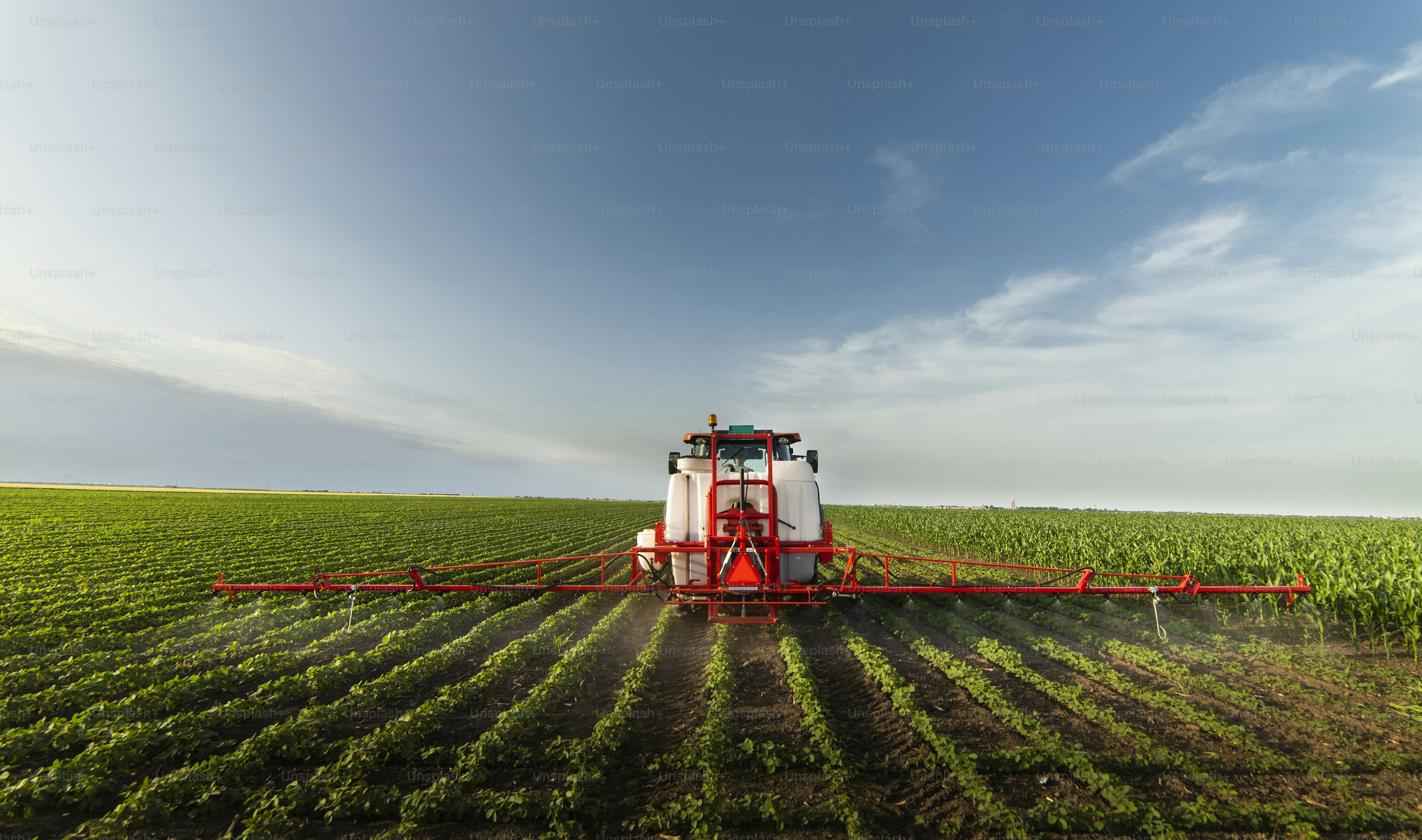 Tractor spraying pesticides on soy field with sprayer at spring photo ...
