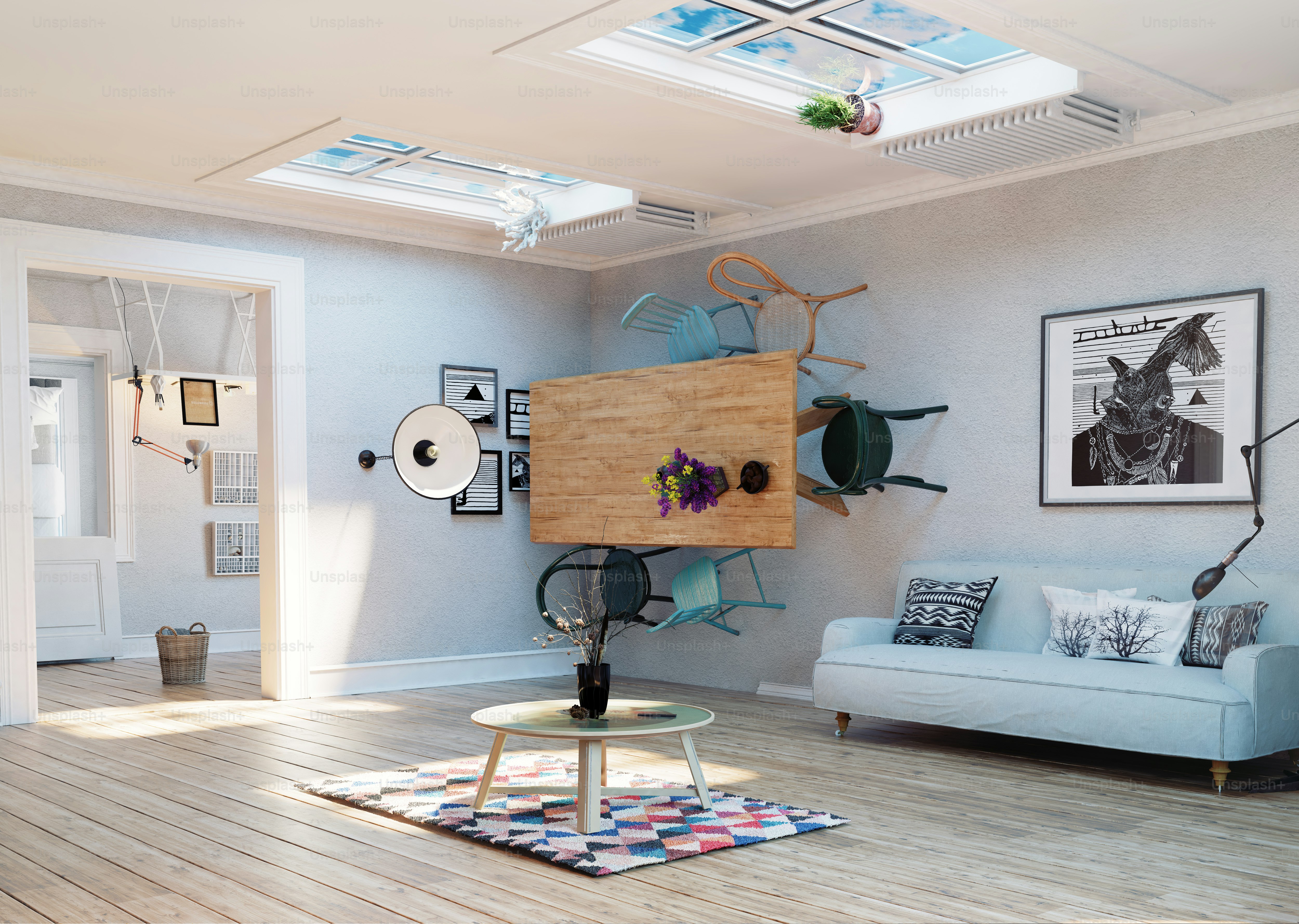 Strange, upside down room interior. 3D illustration creative concept ...