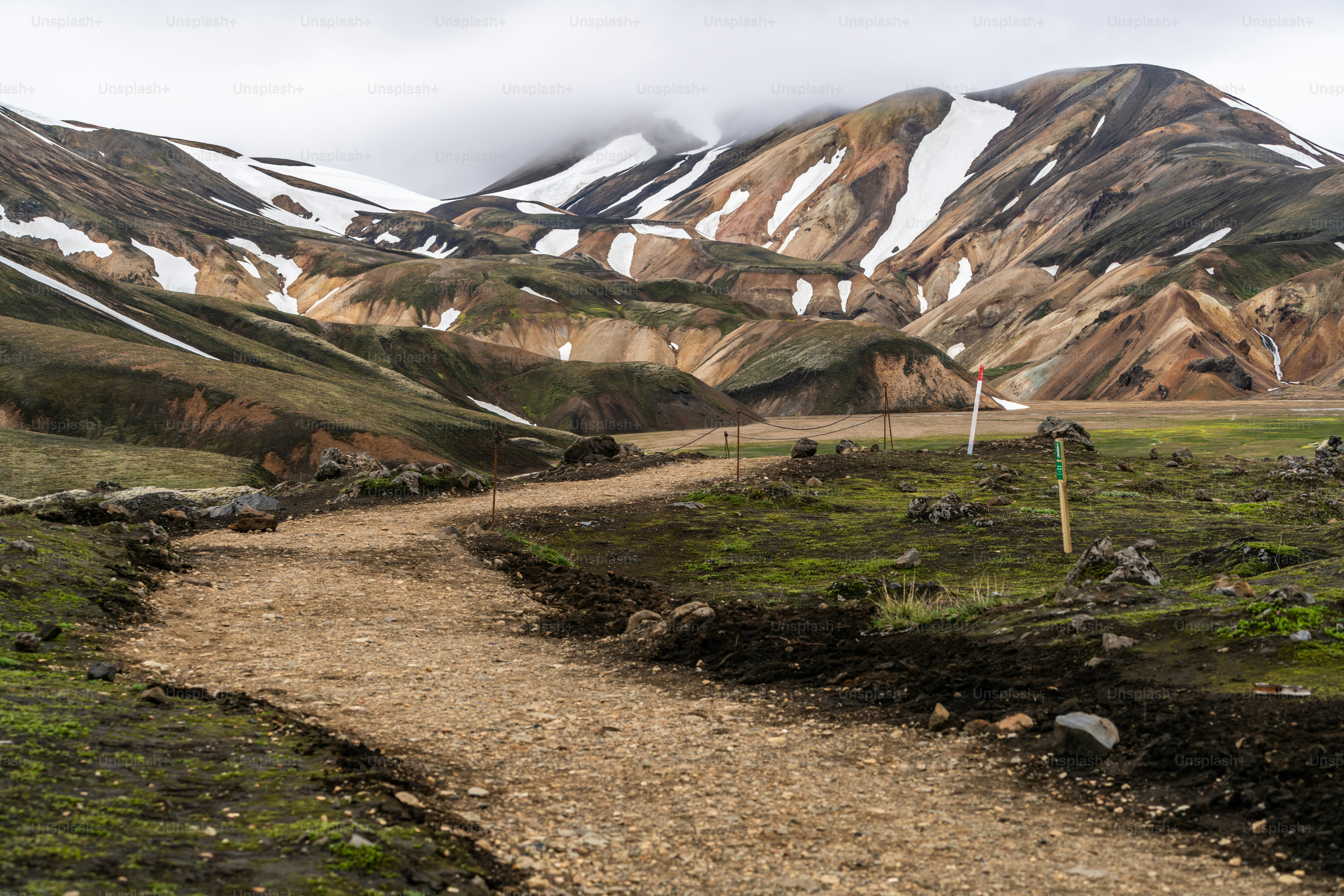 Beautiful Landmanalaugar gravel dust road way on highland of Iceland ...