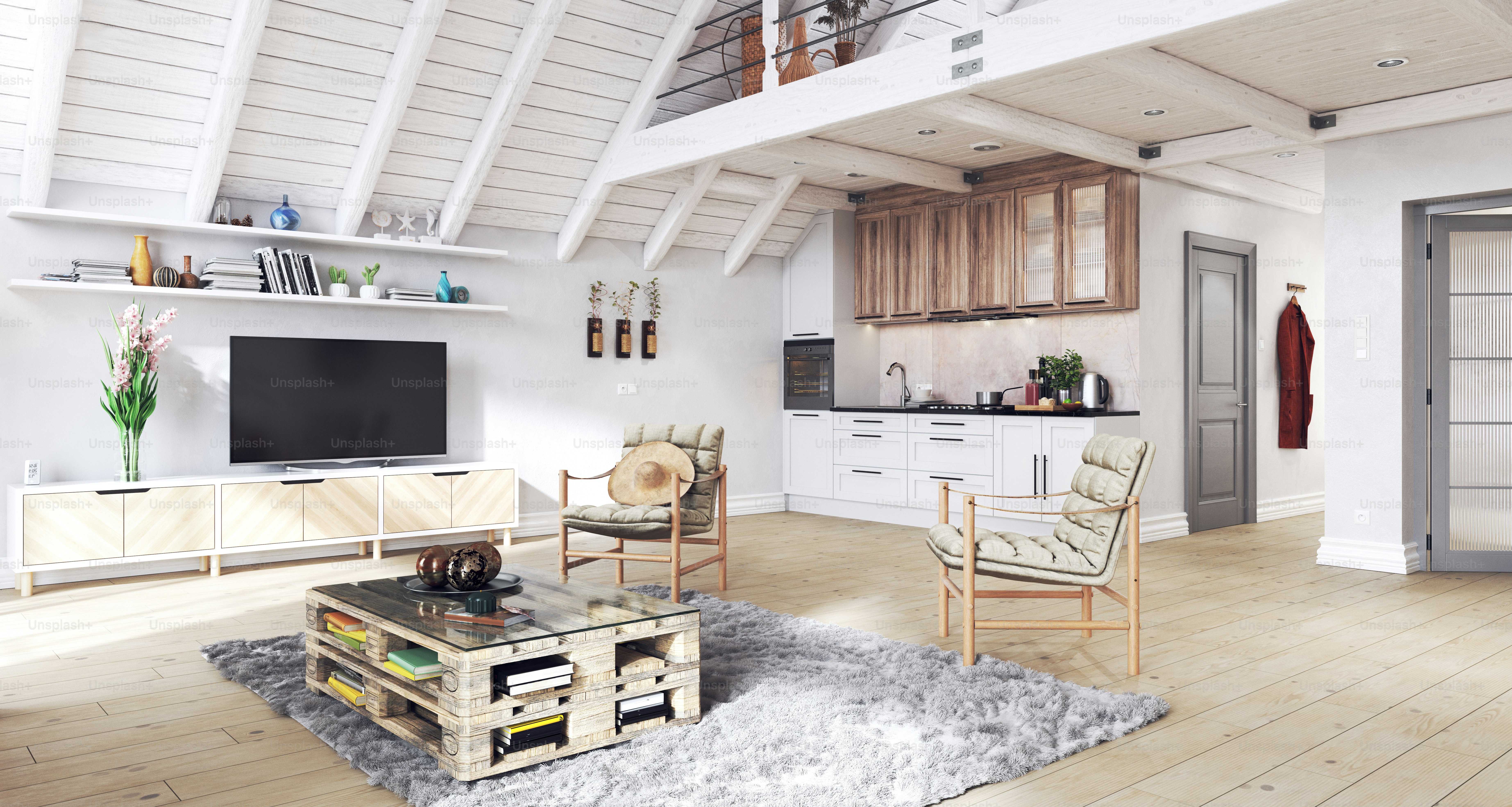 Interior de una casa de campo moderna. Ilustración del concepto de ...