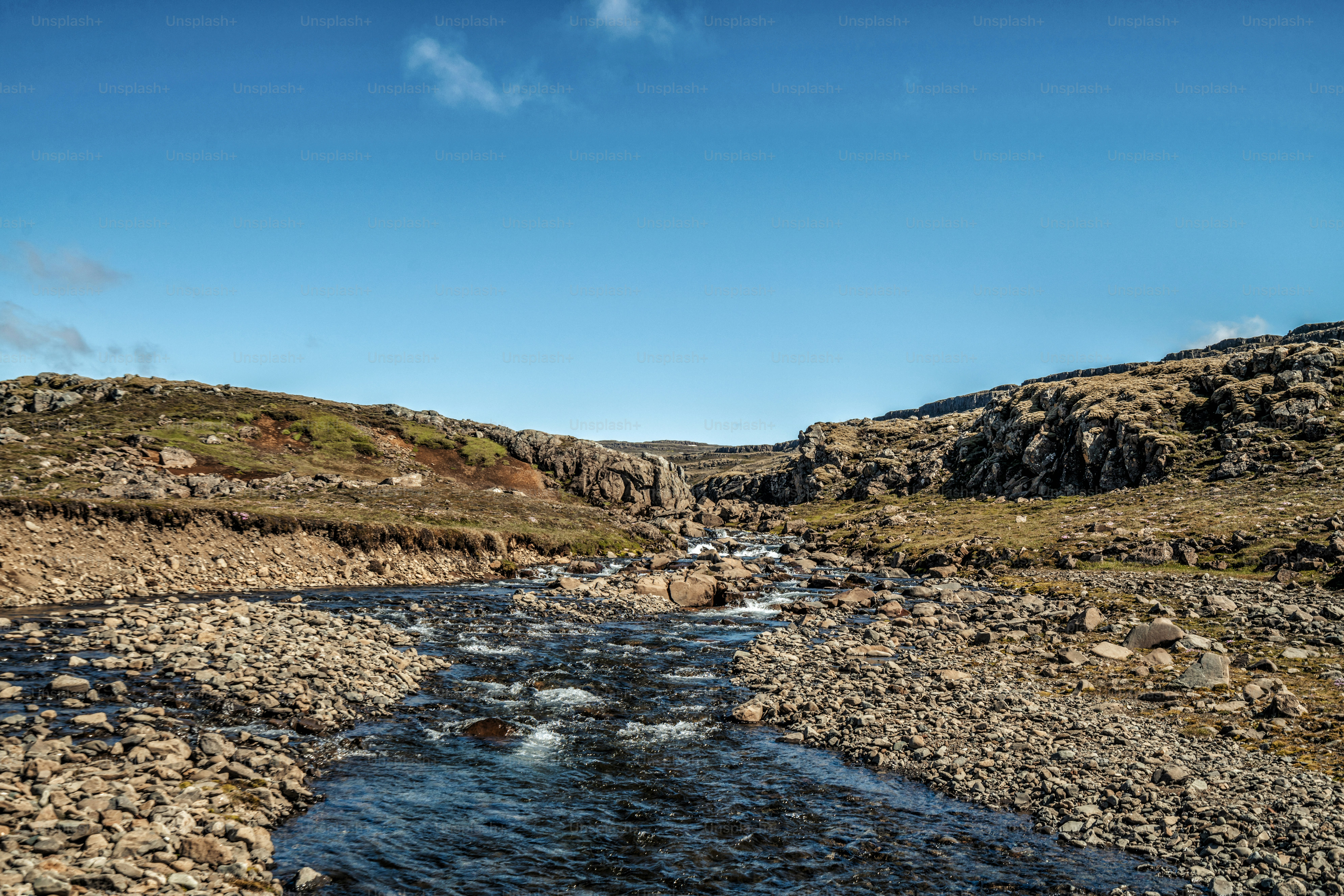 Shallow river stream nature terrain in countryside. Four-wheel drive ...