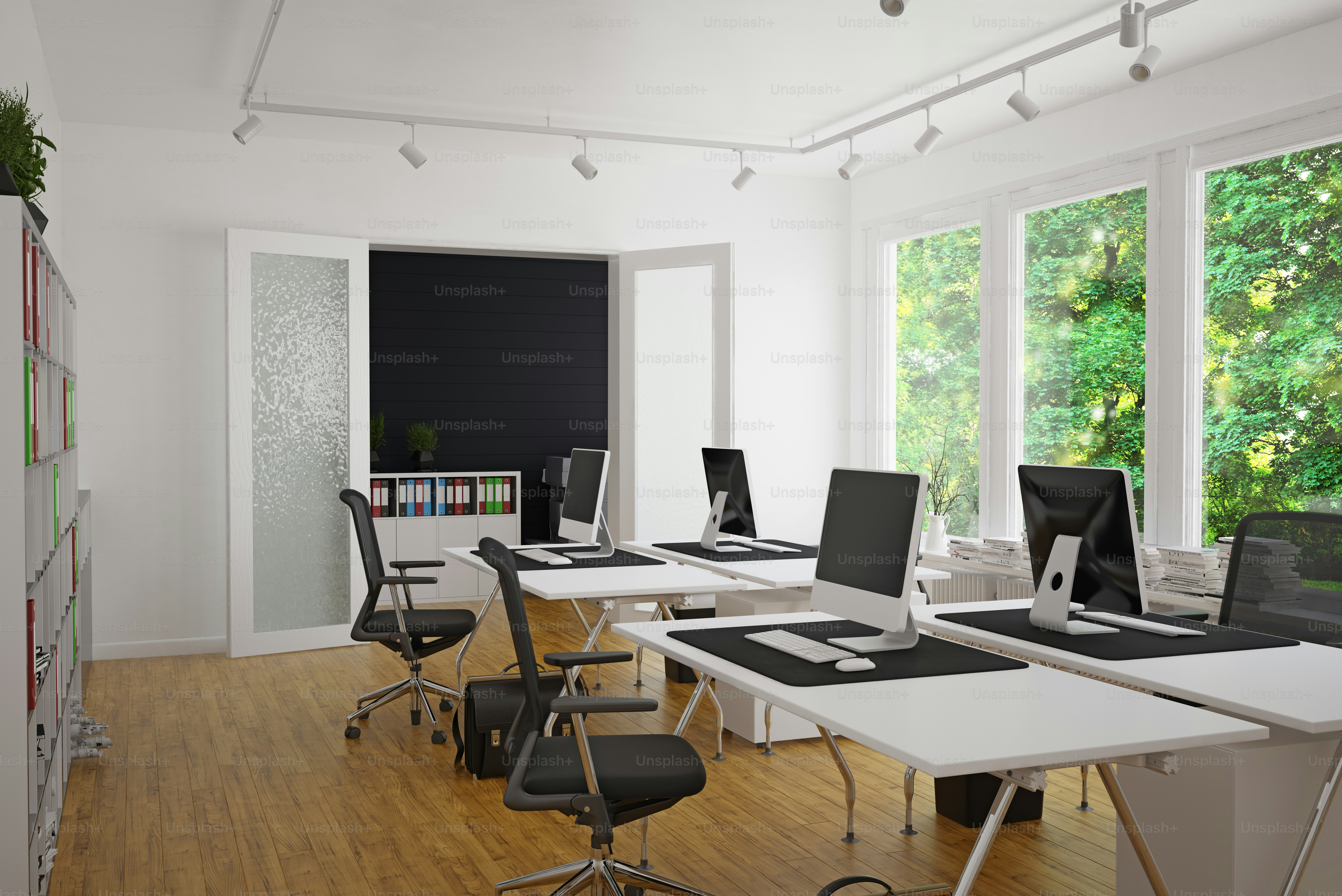 Contemporary office interior. 3d rendering design concept photo – White ...