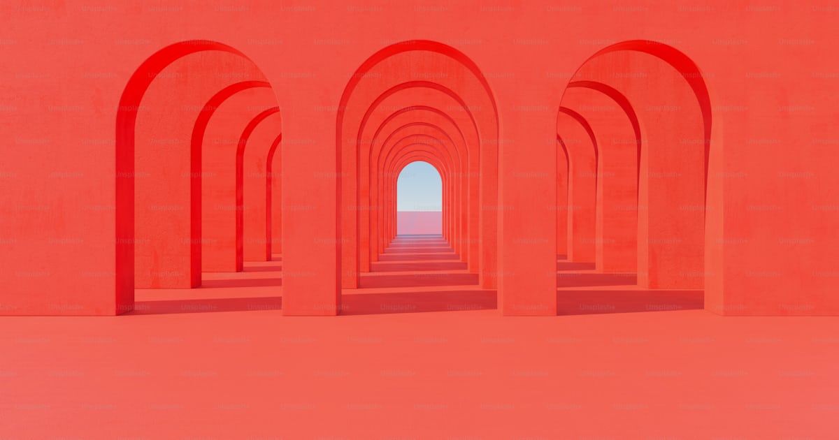 3d 렌더링 아치 복도 간단한 기하학적 배경 건축 복도 포털 빈 벽 내부의 아치 기둥 현대 최소한의 개념 사진