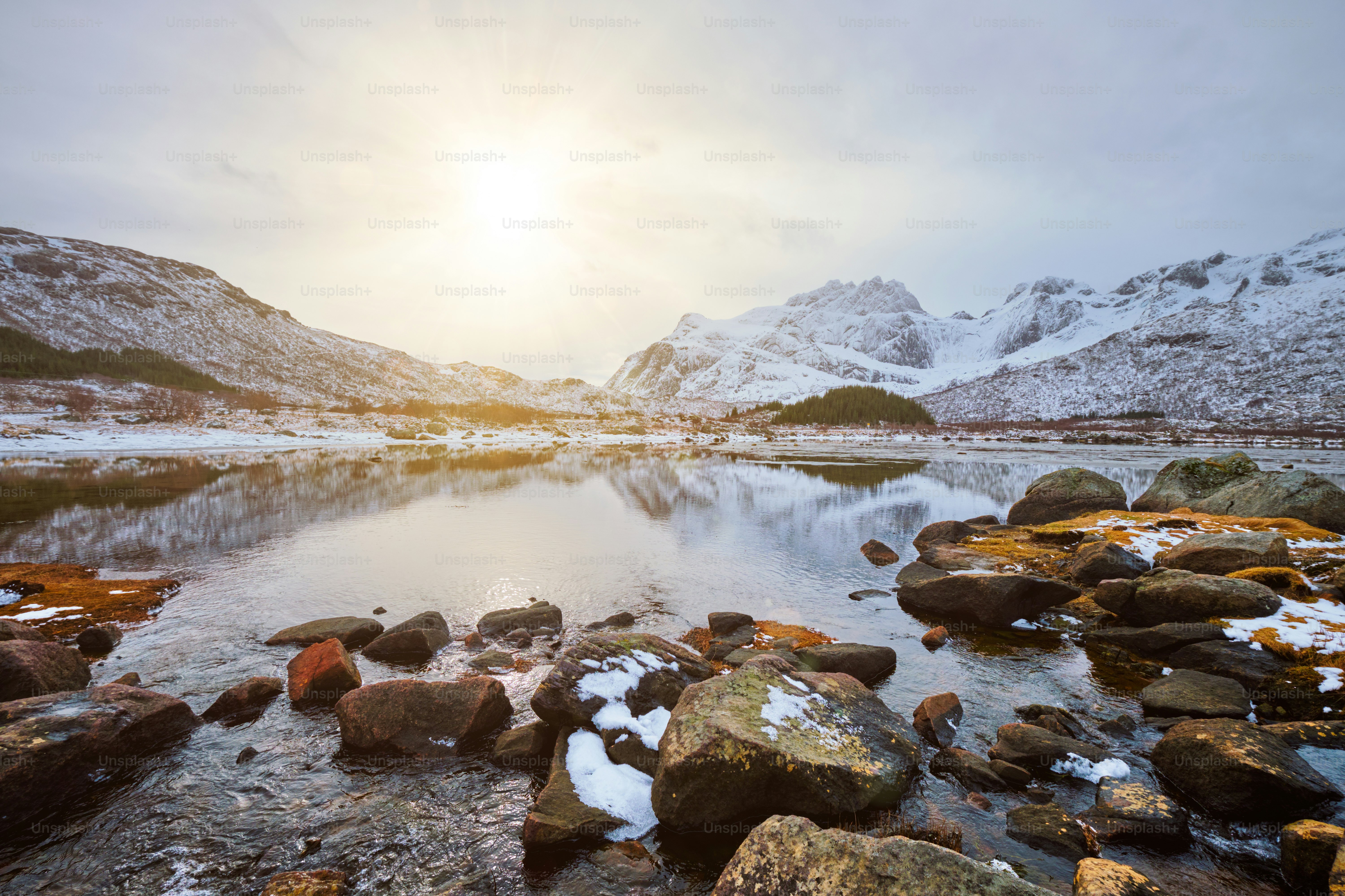 Sunset in Norwegian fjord in winter. Lofoten islands, Norway photo ...