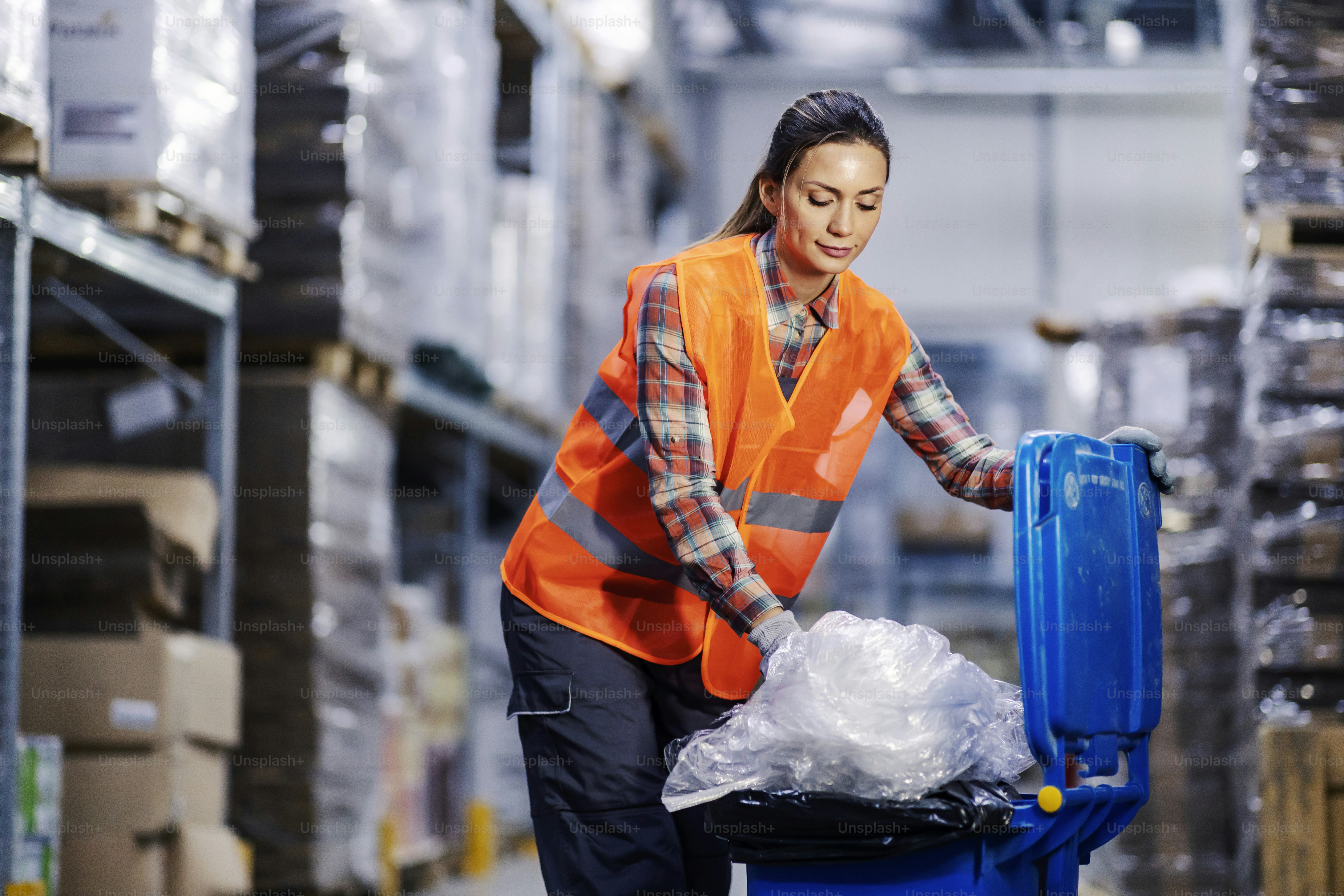 A female storage worker putting plastic bags into recycle bin. photo ...