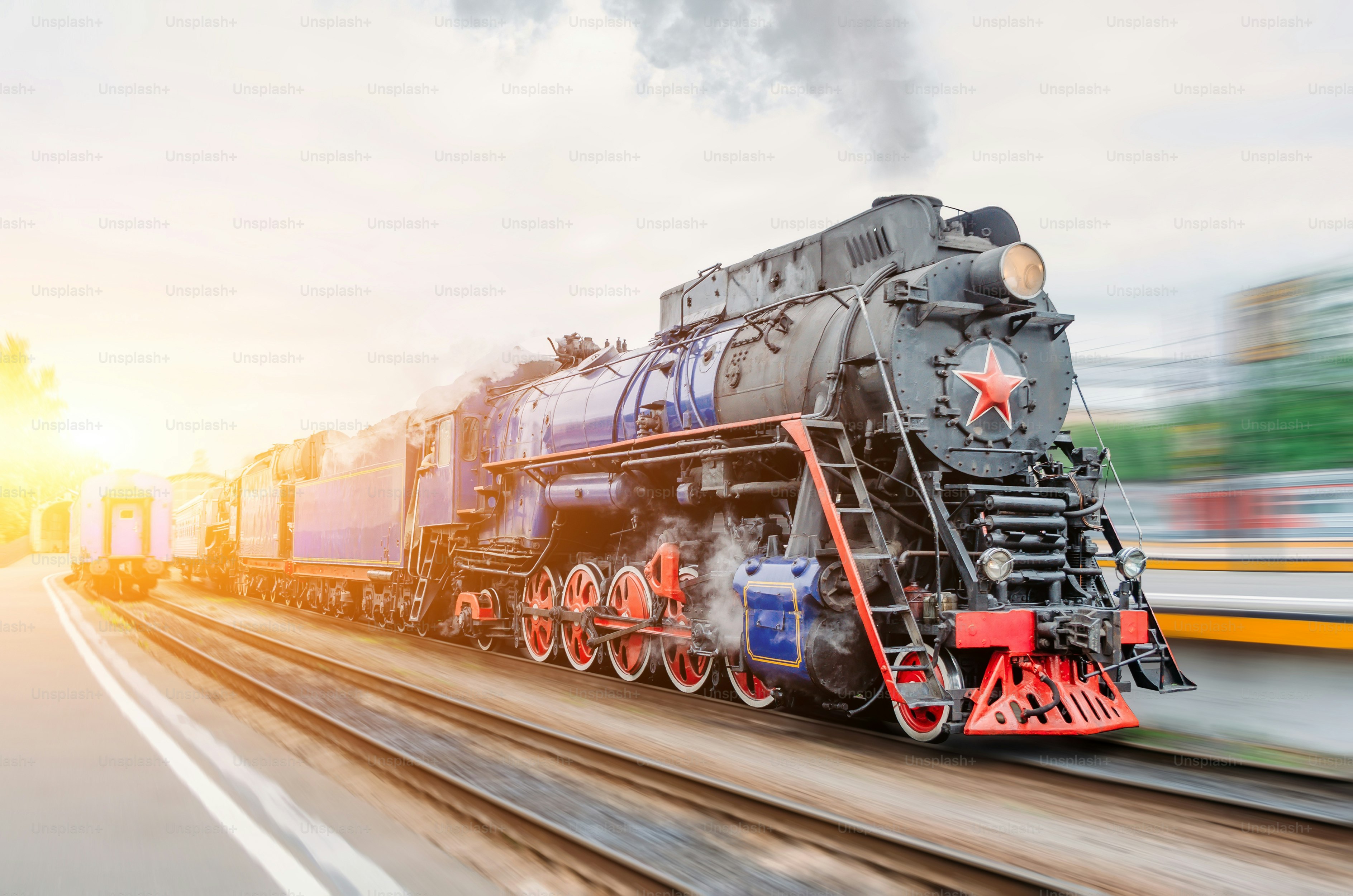 Vintage black steam locomotive train rush railway. photo – Industry ...