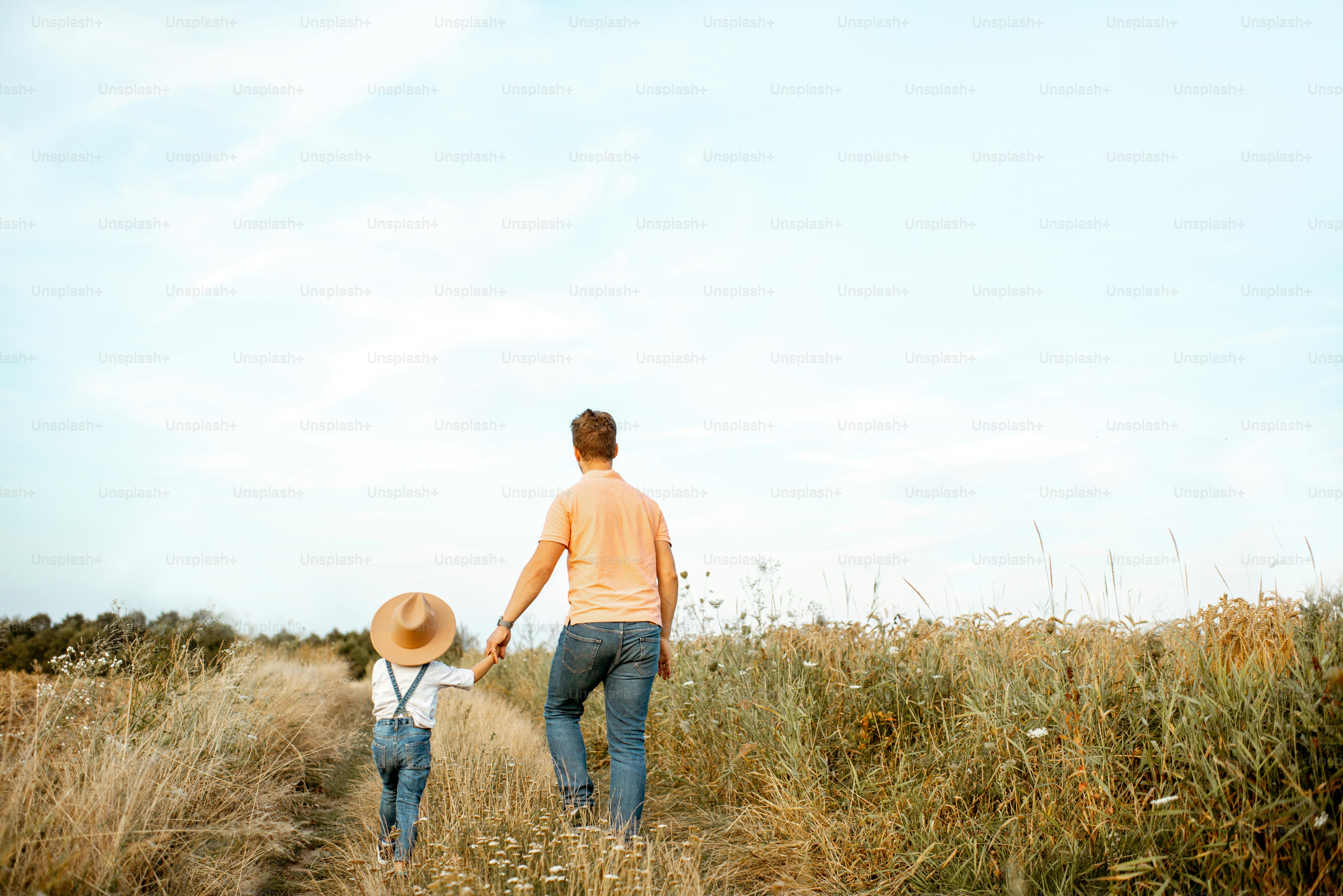 Father and young son walking keeping hands together on the field during ...
