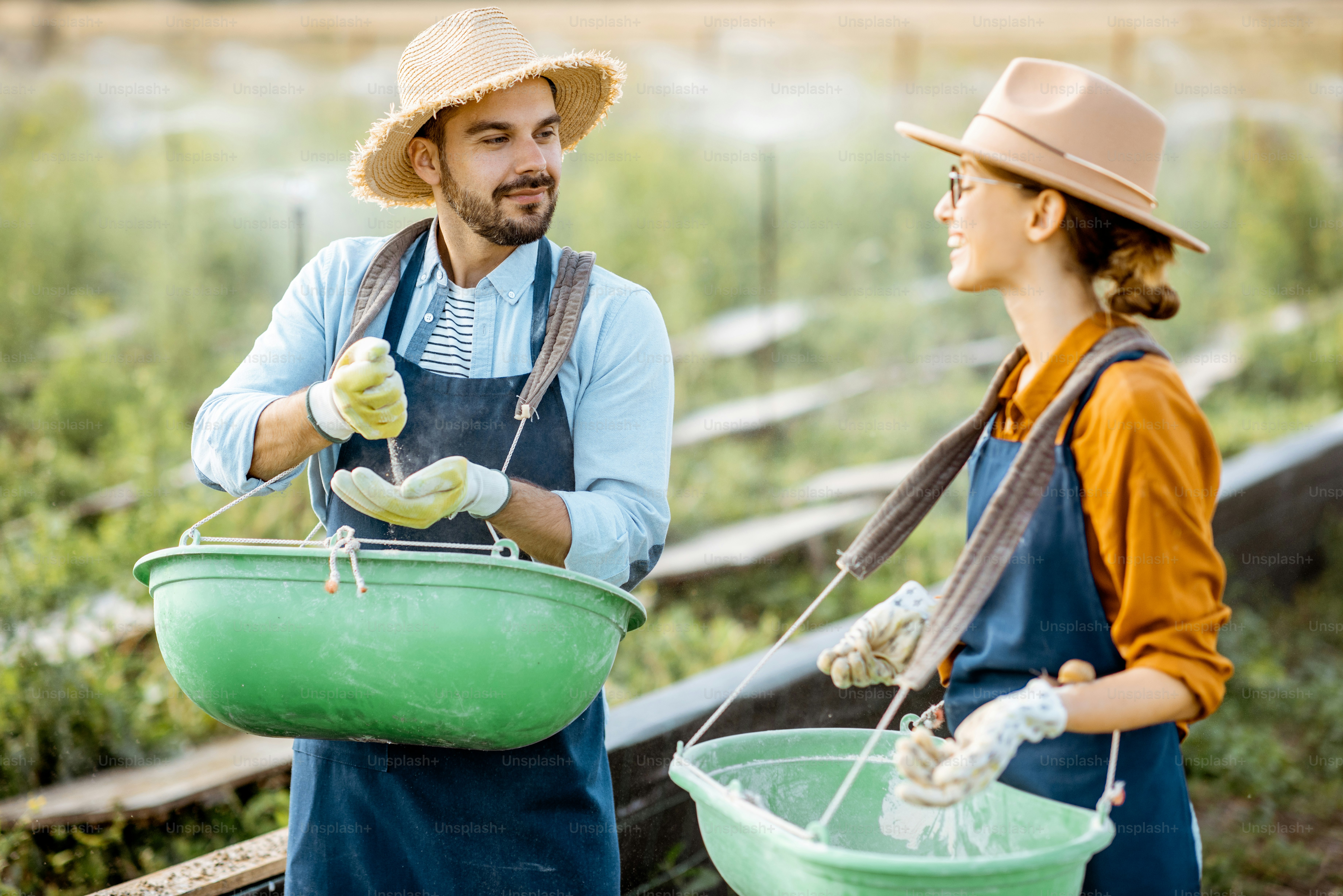 Well-dressed farmers standing on the farmland with green buckets for ...