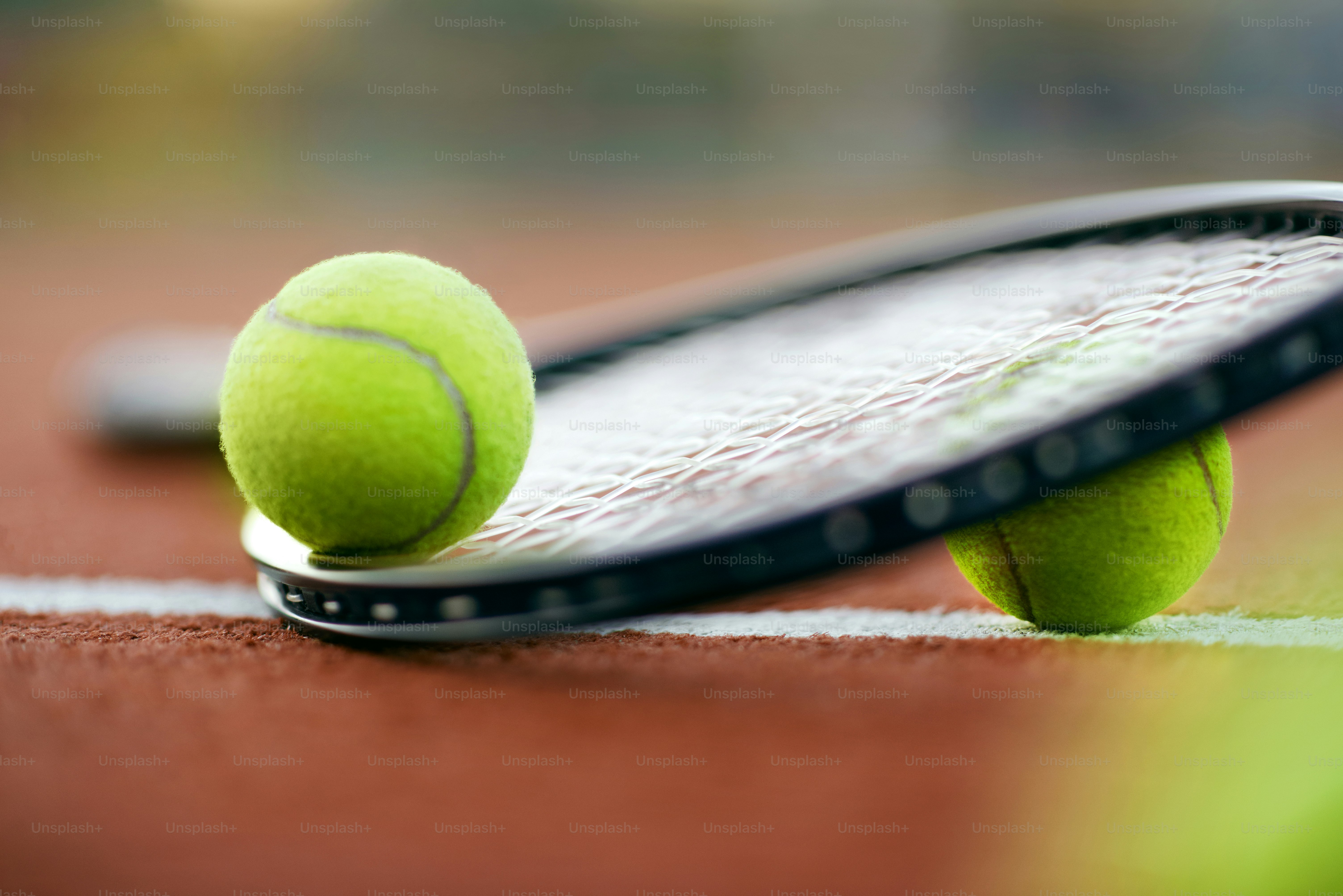 Sport. Tennis Balls And Racket On Court. Close Up Of Equipment For ...
