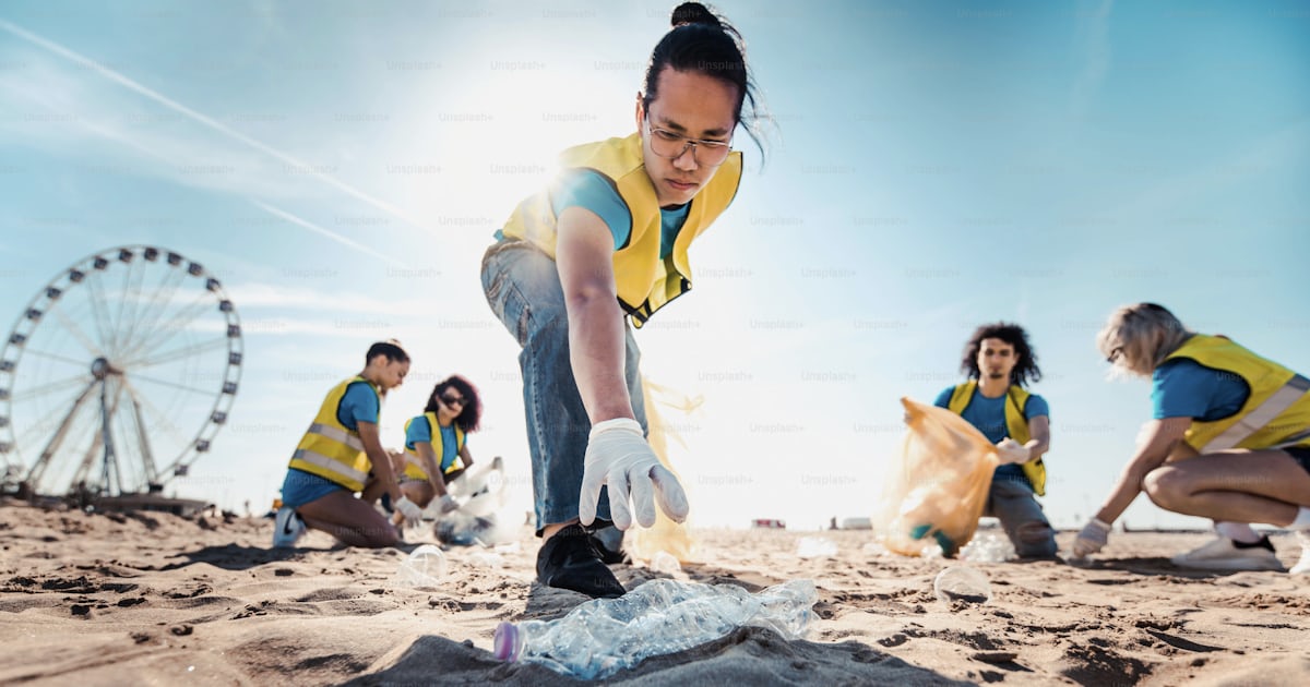 ビーチでプラスチックゴミを拾うエコボランティアのグループ 地球を守るゴミを集める活動家 海洋汚染、環境保全、エコロジーのコンセプトの