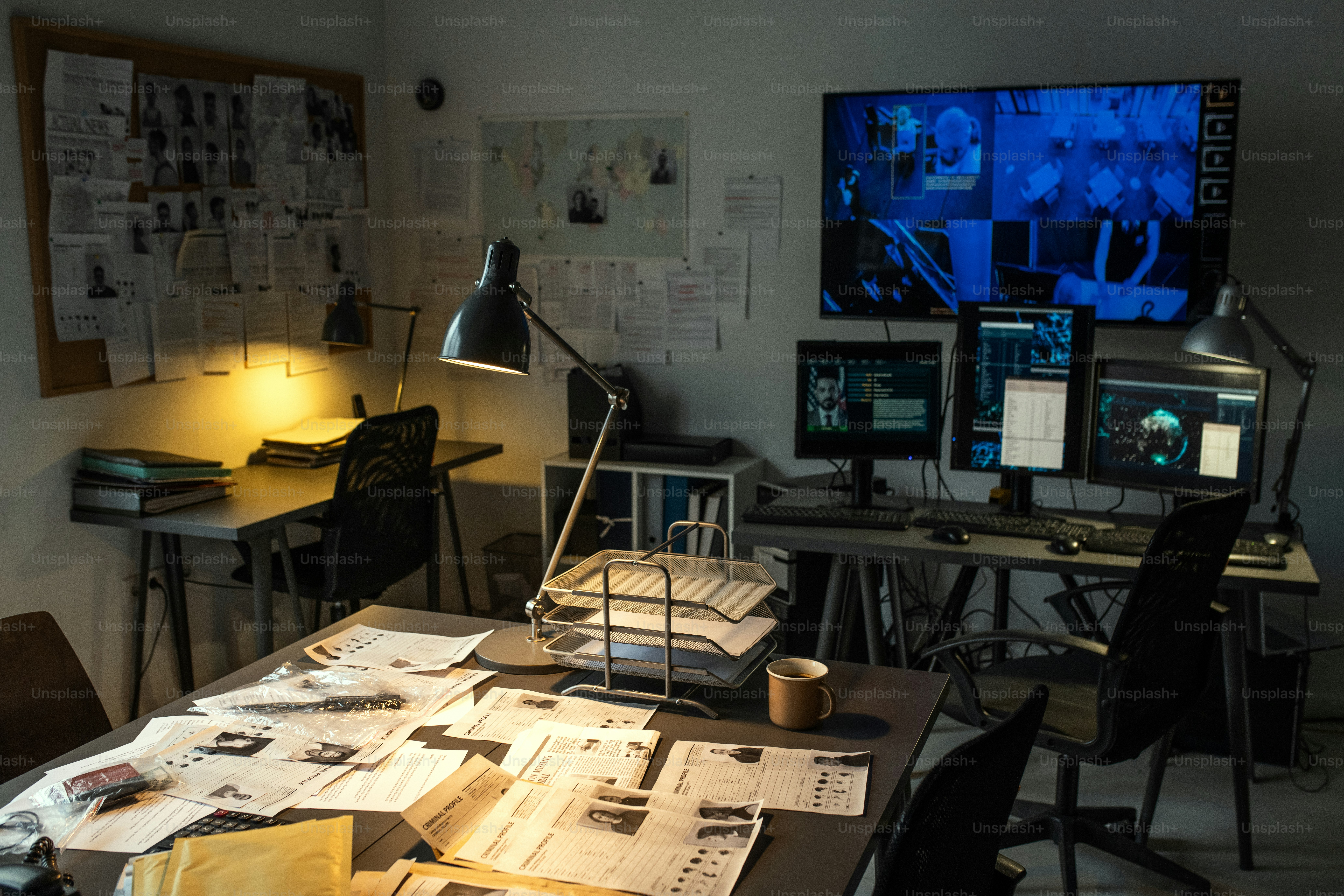 Part of workplace of modern fbi agent with documents, evidences ...