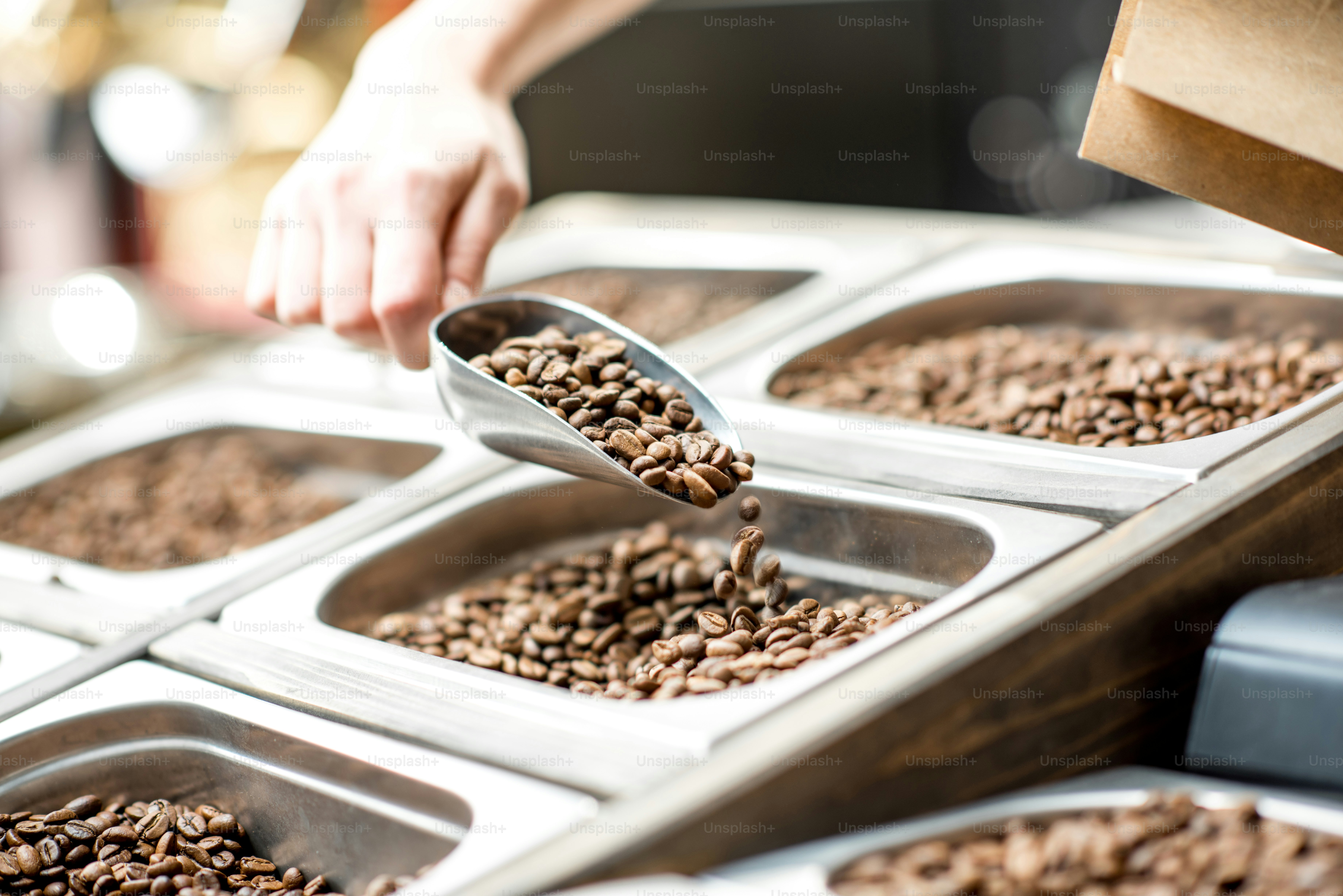 Filling paper bag with coffee beans from the metal trays for selling in ...