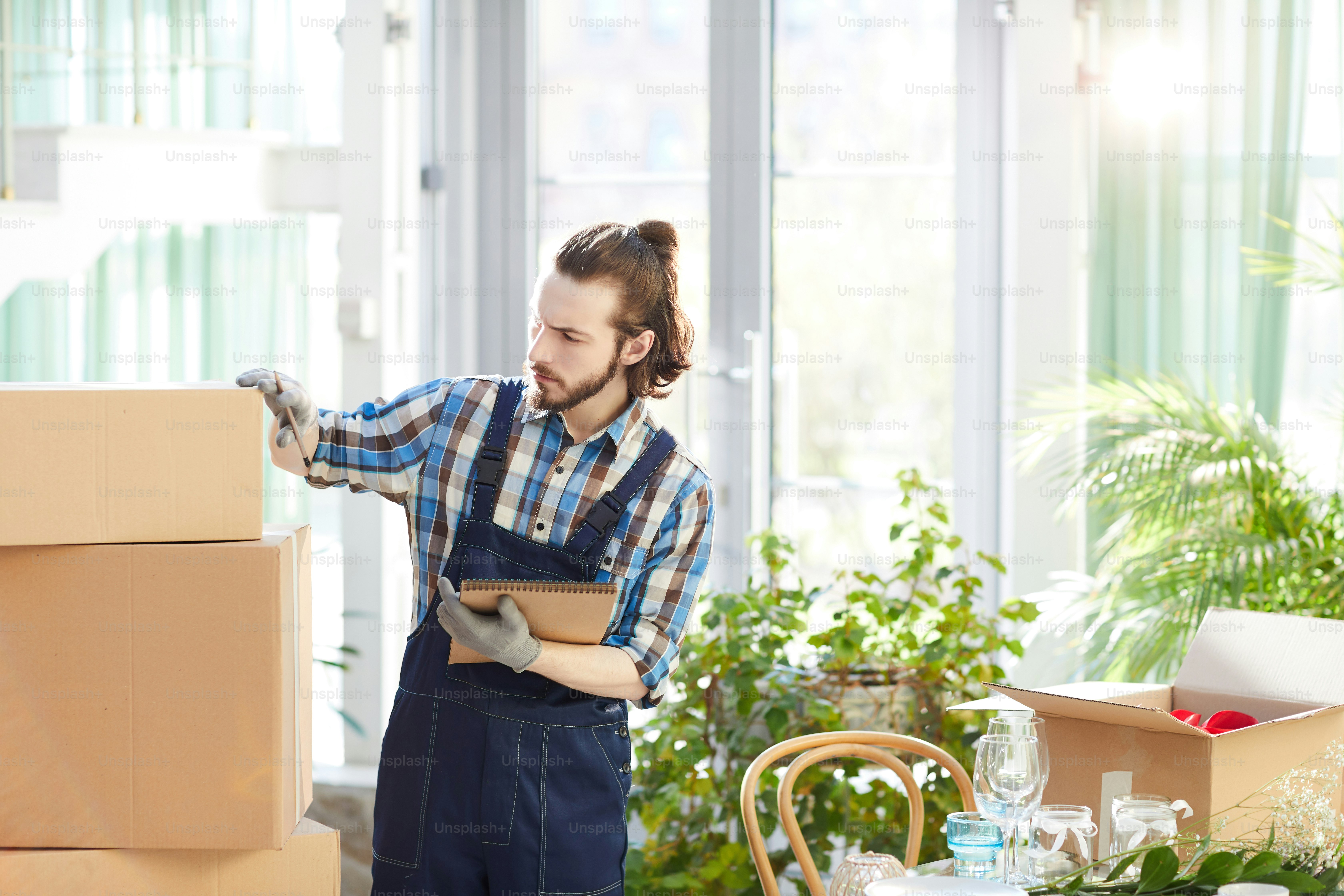 Serious concentrated bearded young male moving company employee in ...