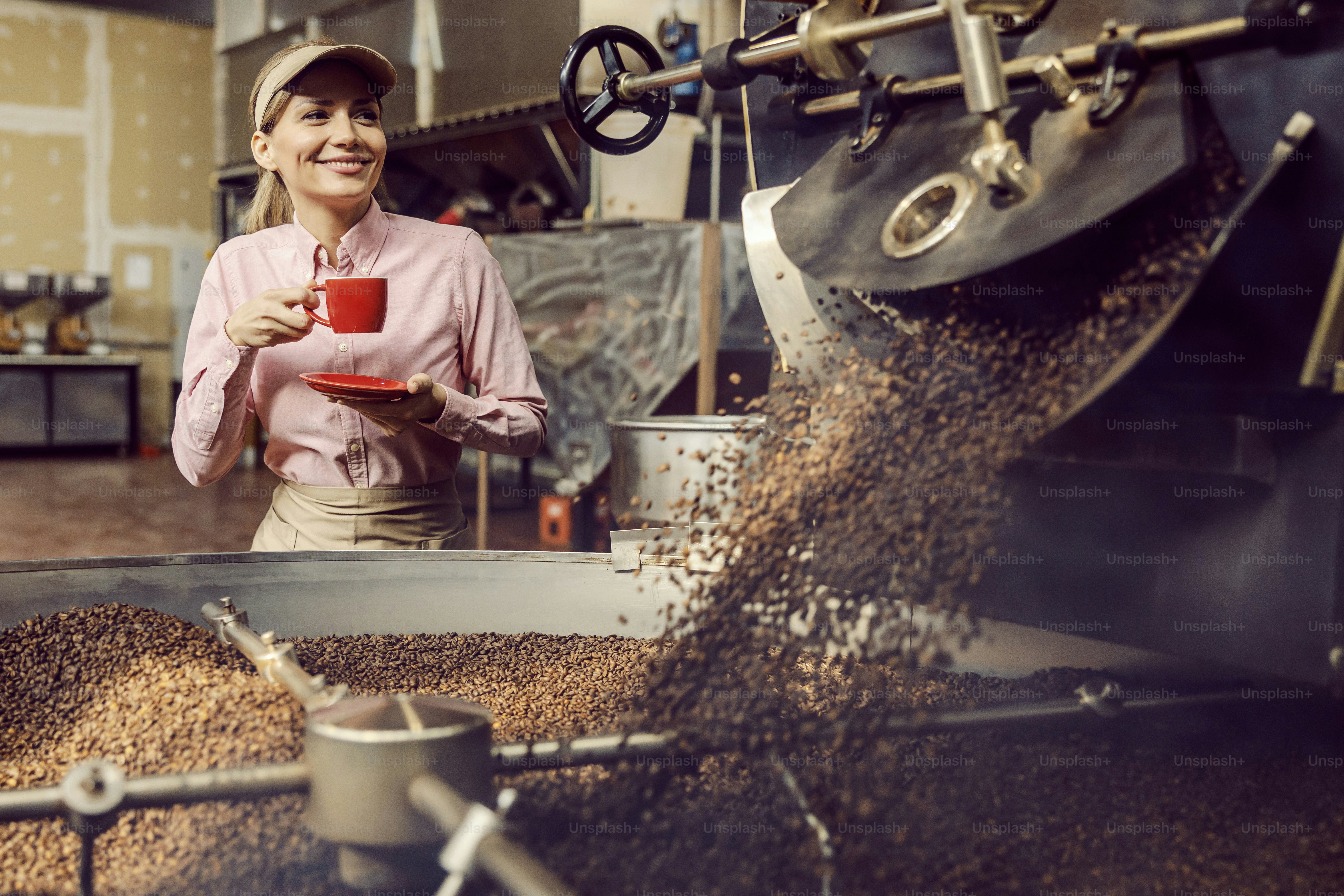 A coffee factory worker drinking cup of coffee next to a roasting ...