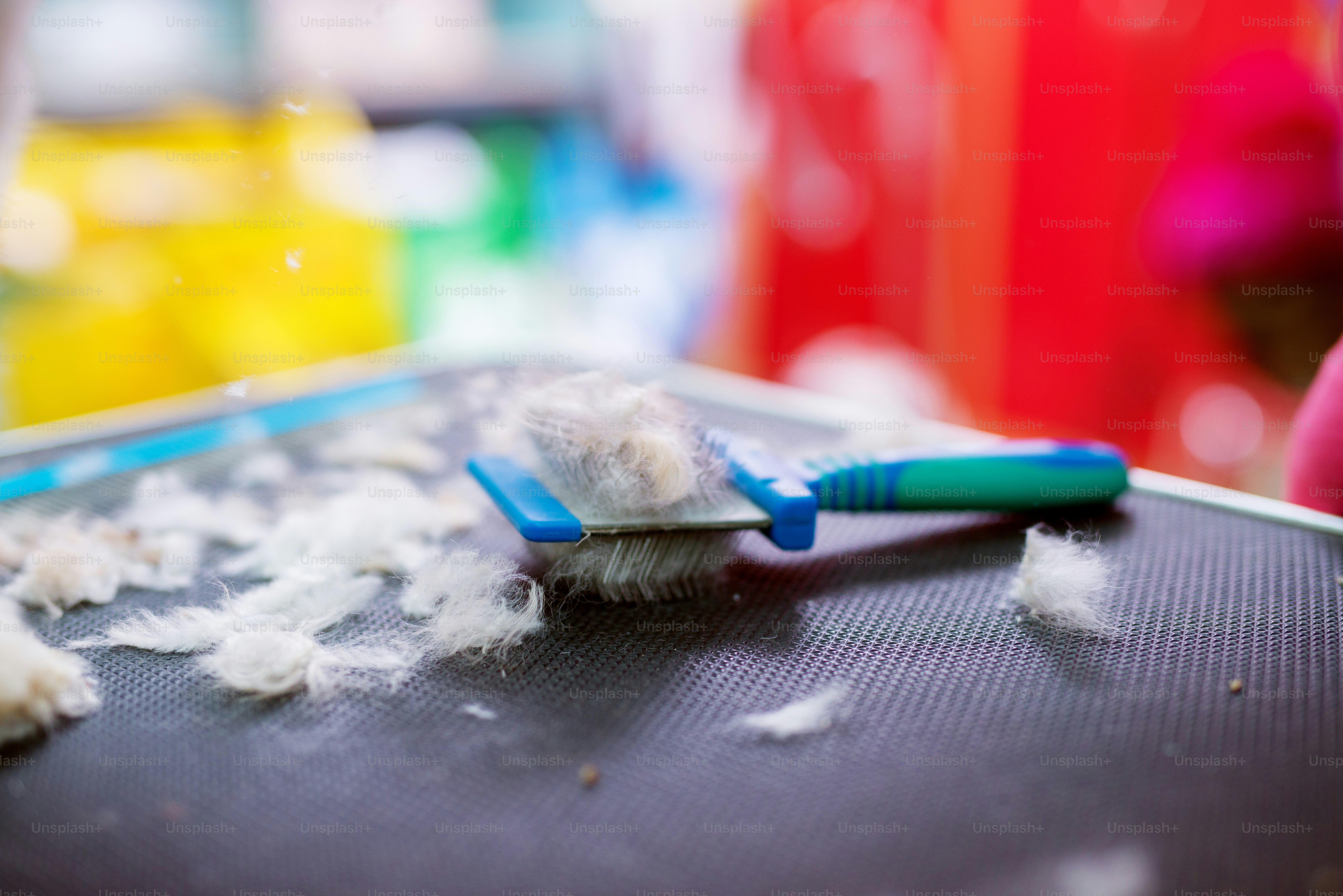 Close up picture of a dense animal comb filled and surrounded with cut ...