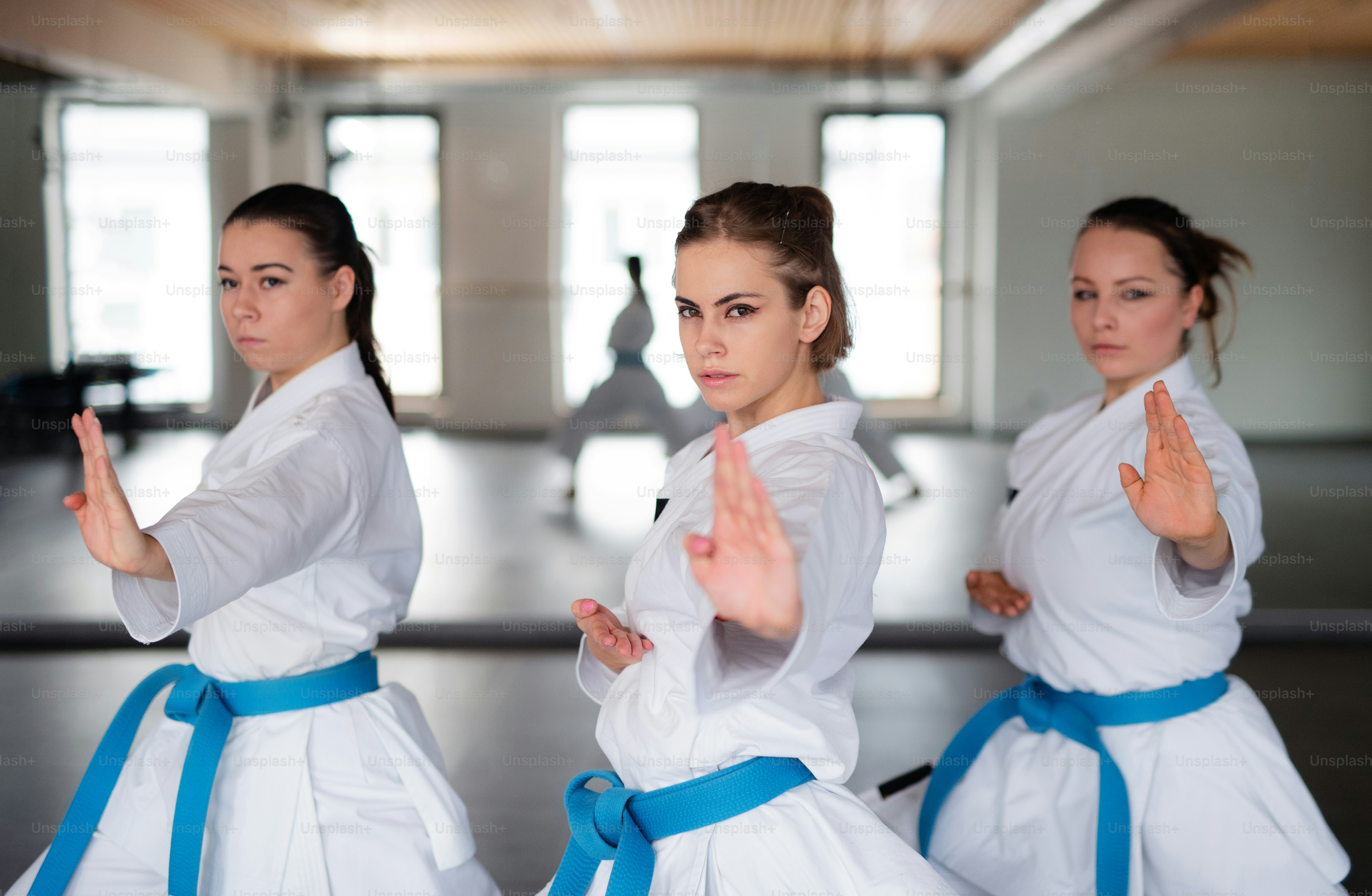 A group of young women practising karate indoors in gym. photo – Karate ...