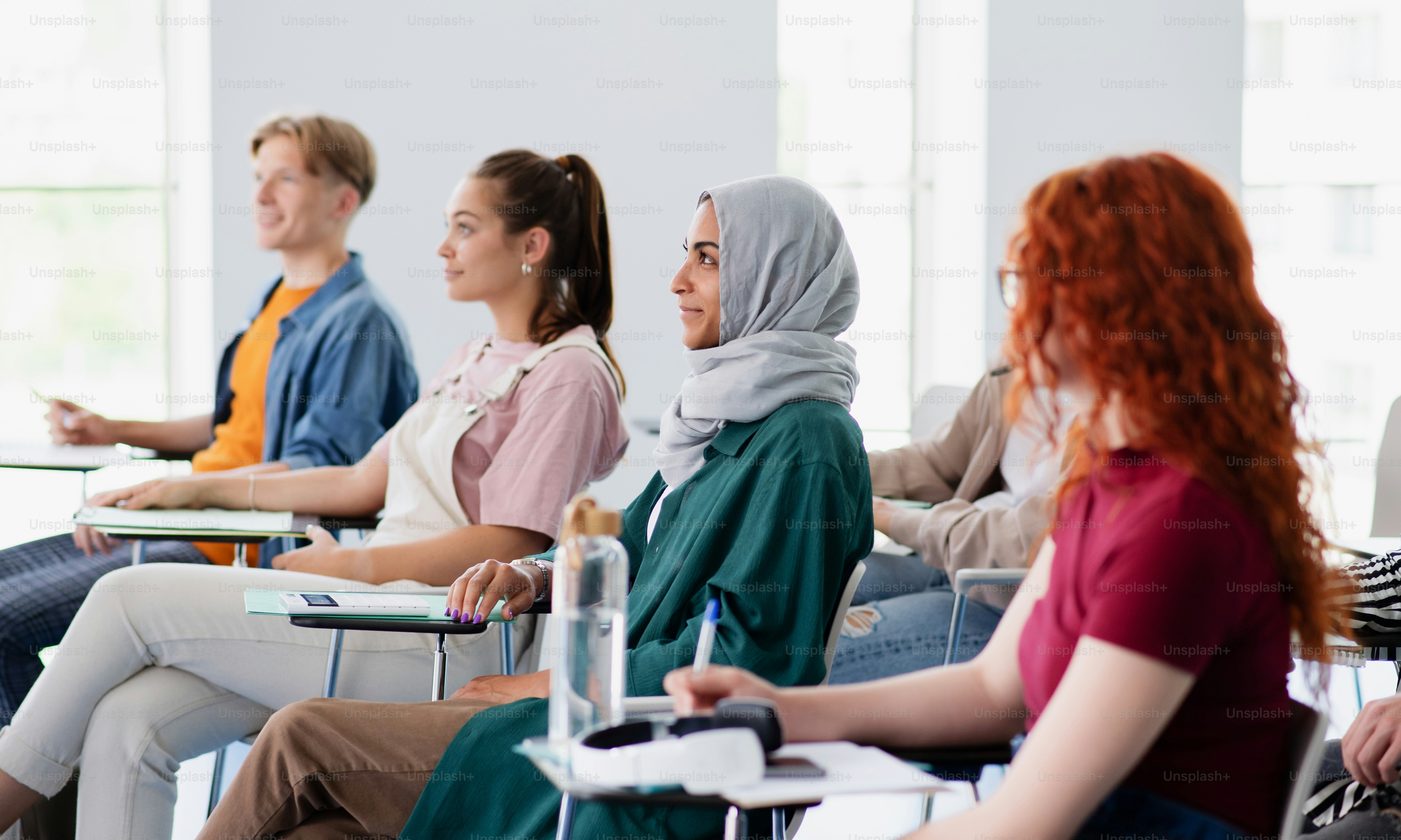 A group of university student sitting in classroom indoors, studying ...