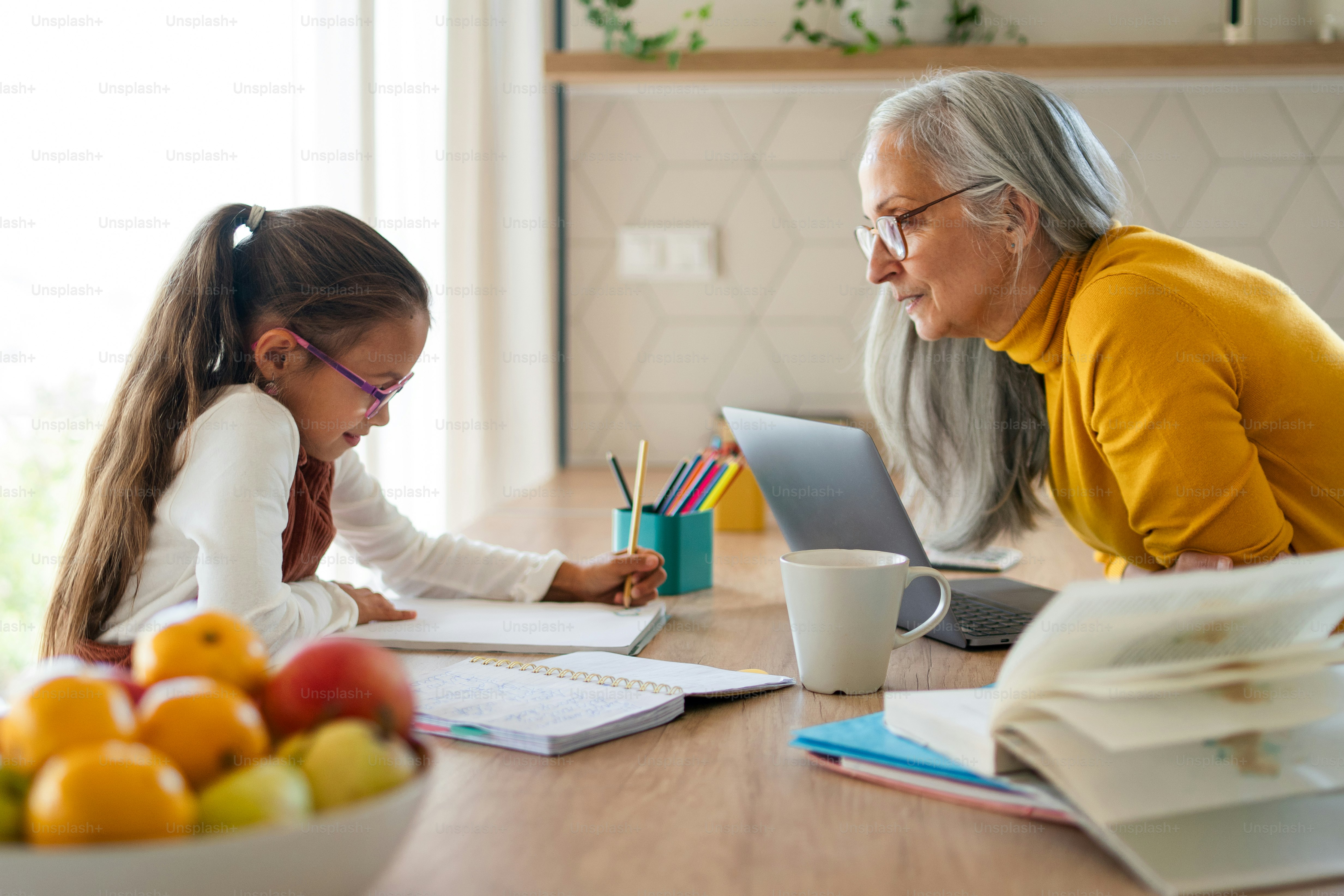 A small girl with senior grandmother doing homework at home. photo ...