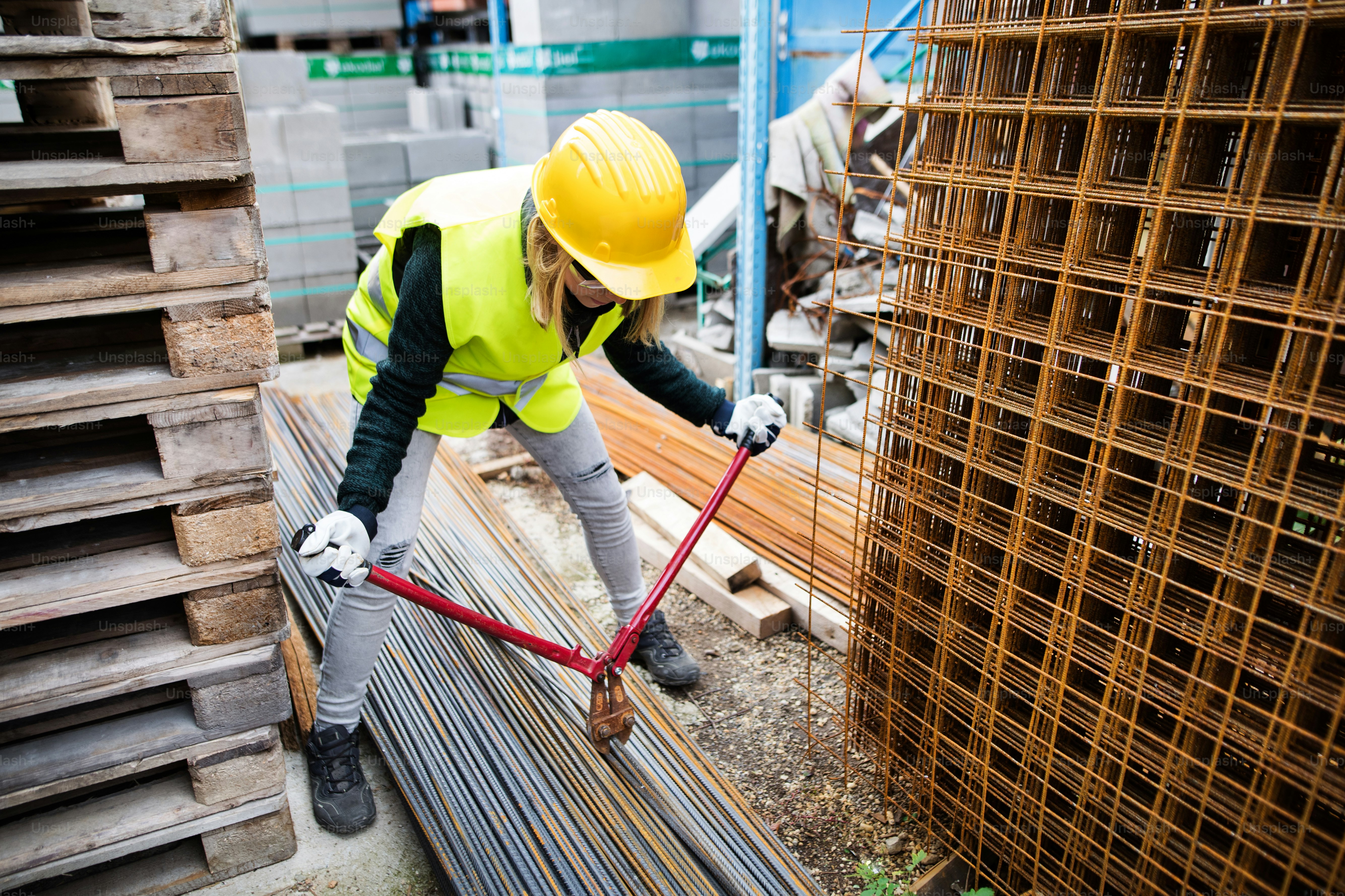Female worker with bolt cutters in an industrial area. Beautiful young ...